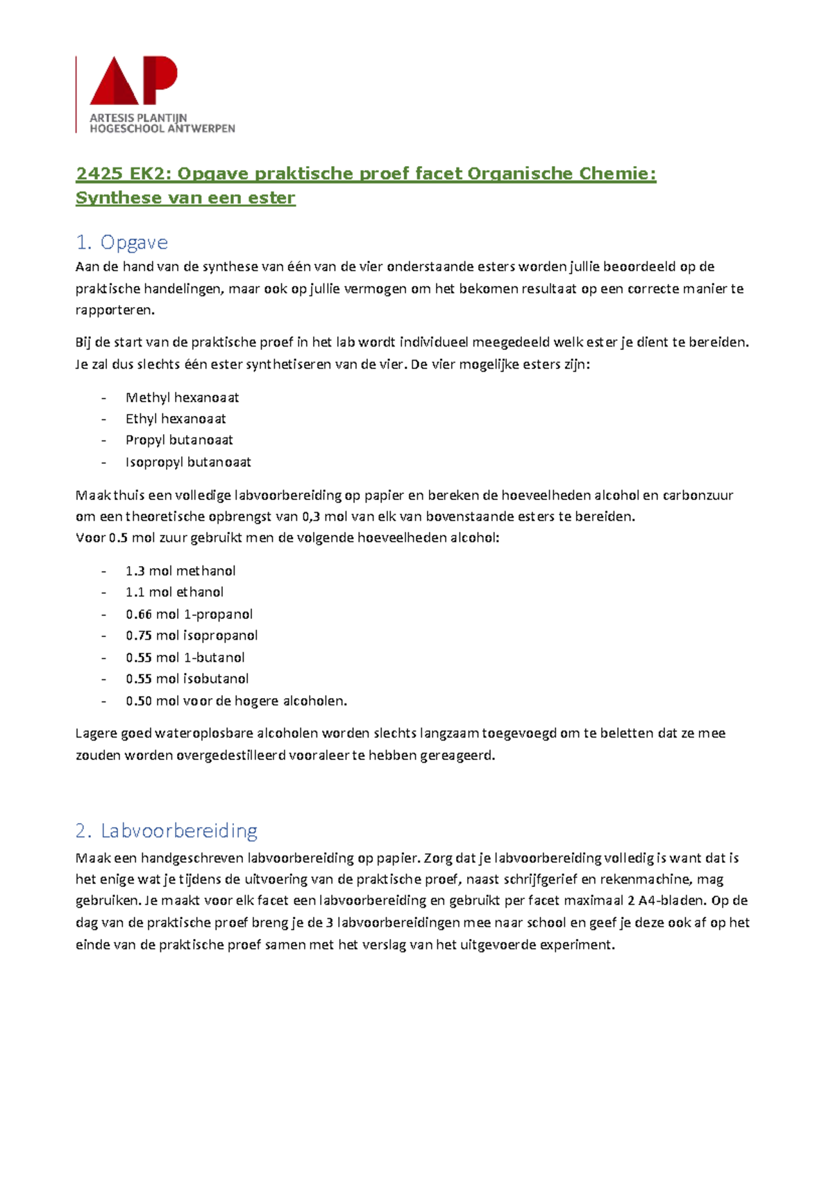 2425 EK2: Praktische Proef Protocol voor Synthese van Esters - Studeersnel