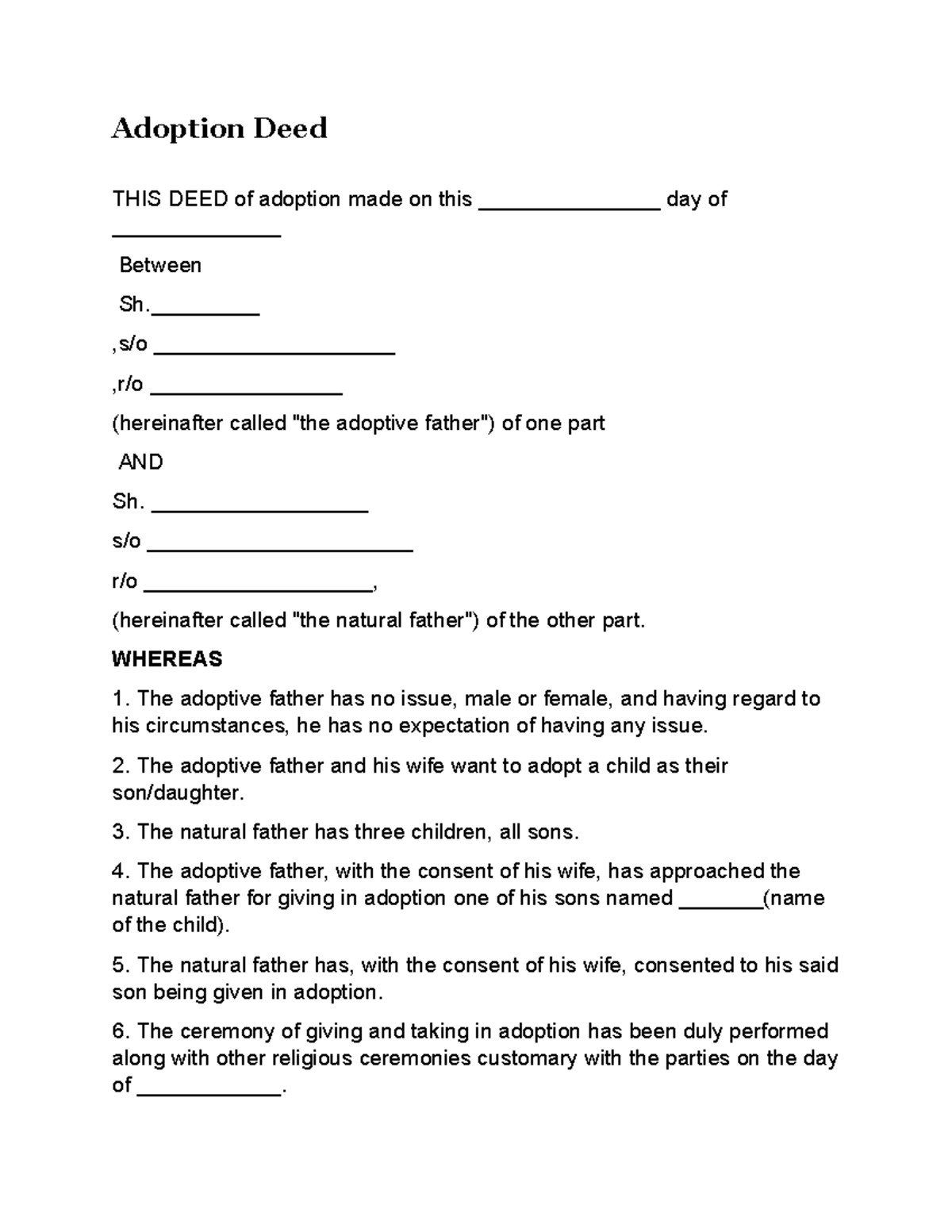 Adoption Deed - Legal Agreement for Child Adoption - Studocu