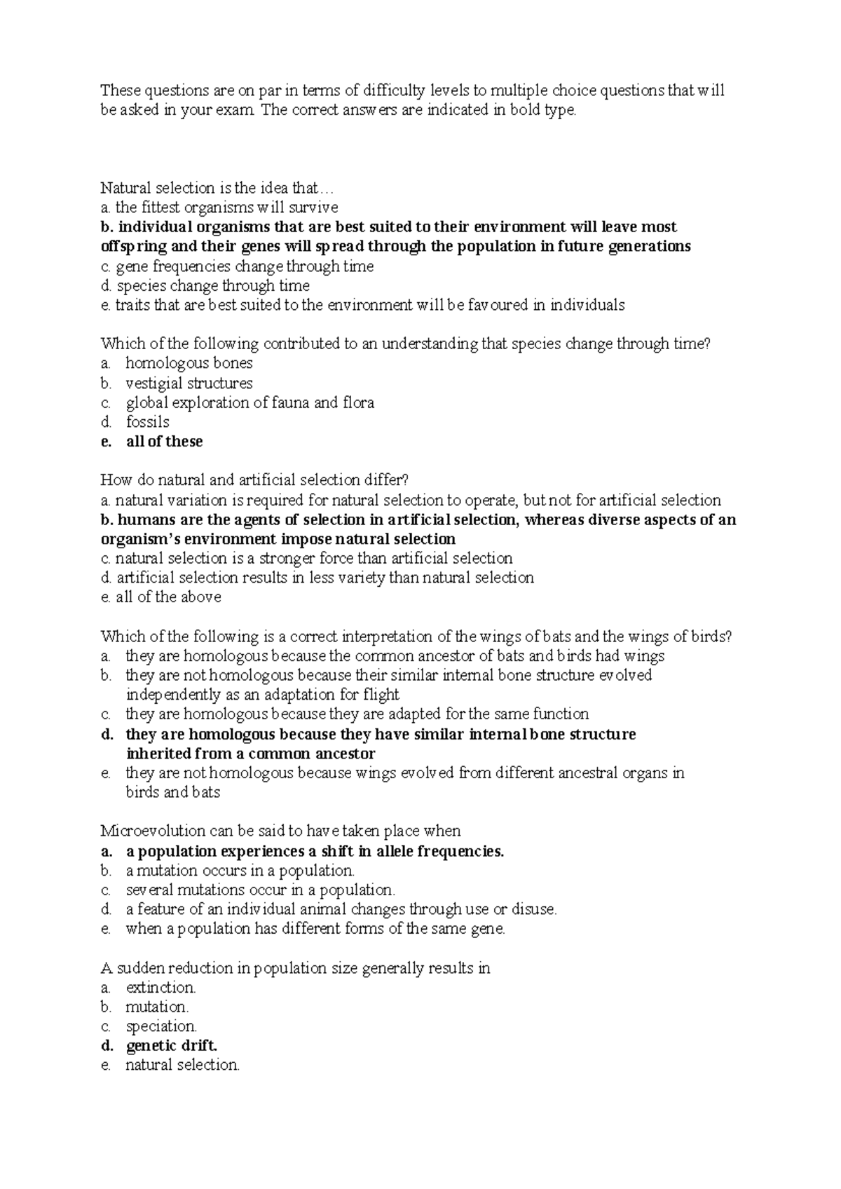Evolution - BIO101 Mock Exam Questions for Review - Studocu