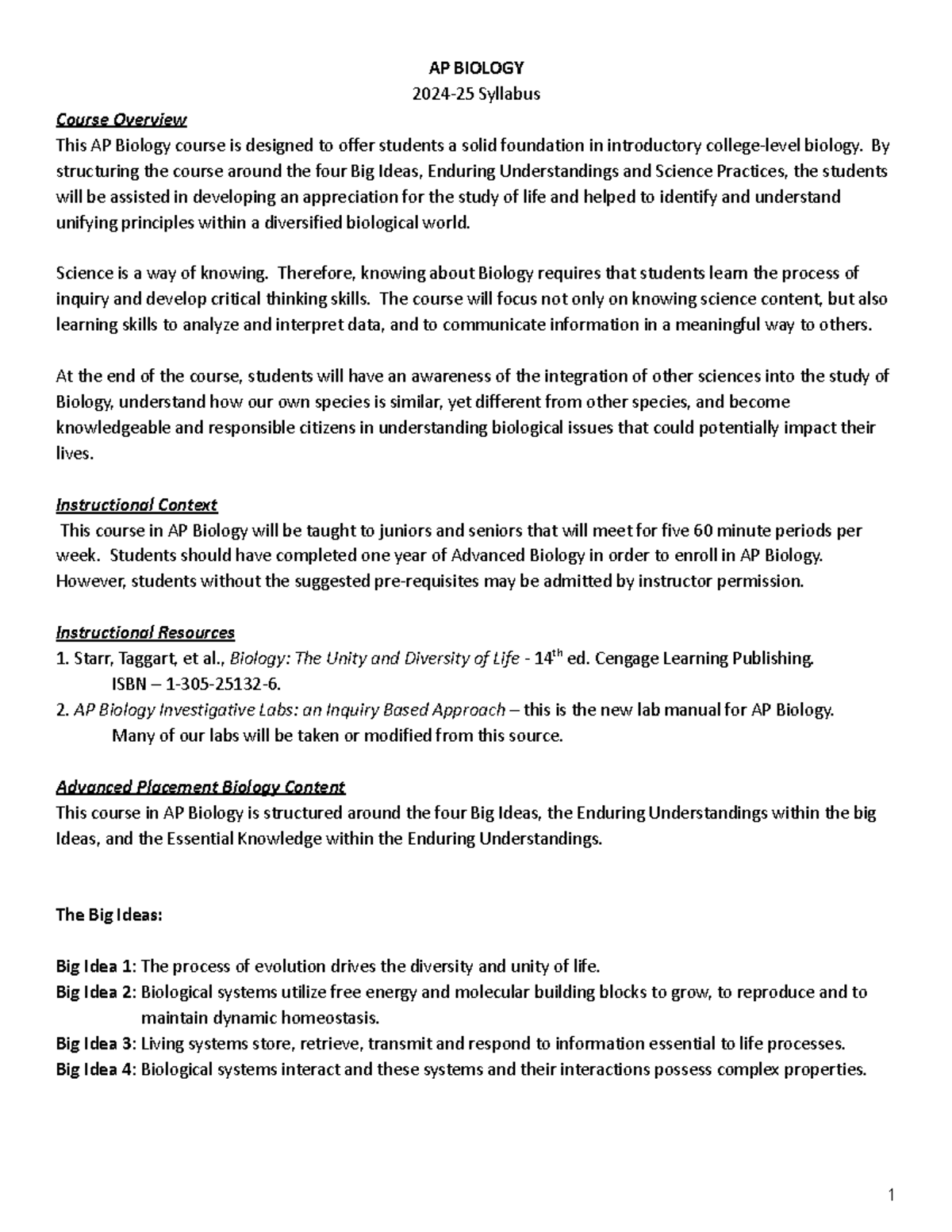 AP BIOLOGY Syllabus: Course Overview and Instructional Framework - Studocu