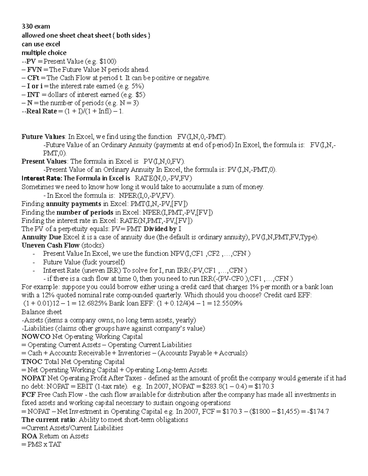 BUS 330 Midterm Study Guide: Key Financial Concepts & Excel Formulas - Studocu