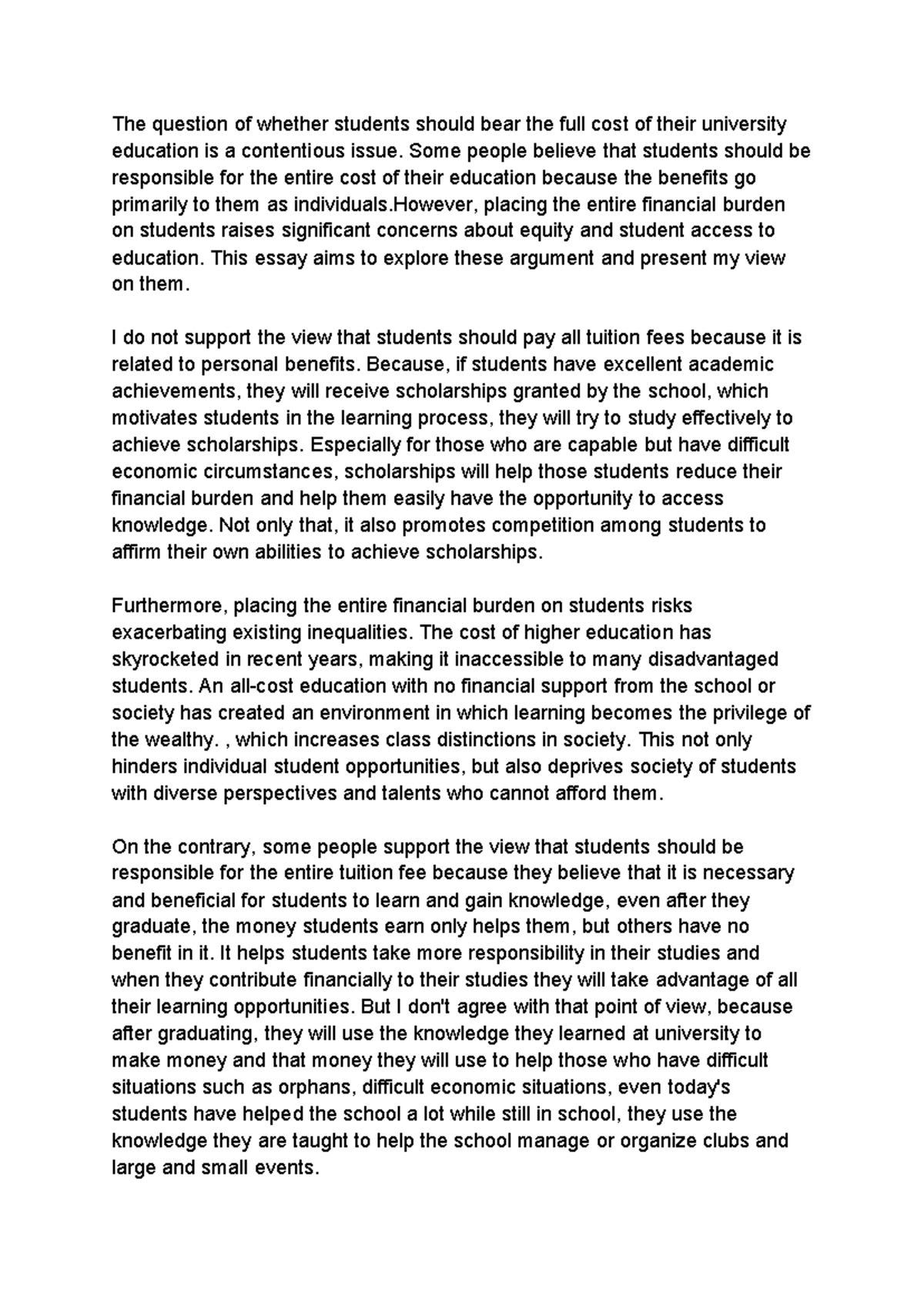 Unit 3 Argumentative Essay: Should Students Bear Full Tuition Costs ...