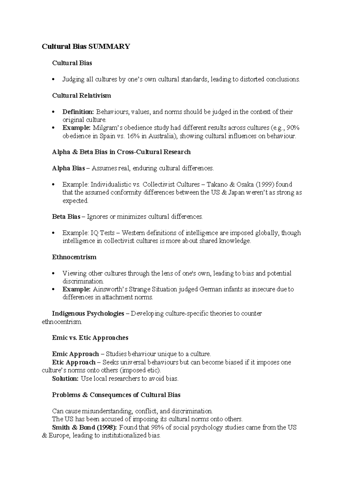 Cultural Bias Summary: Key Concepts and Examples in Psychology - Studocu