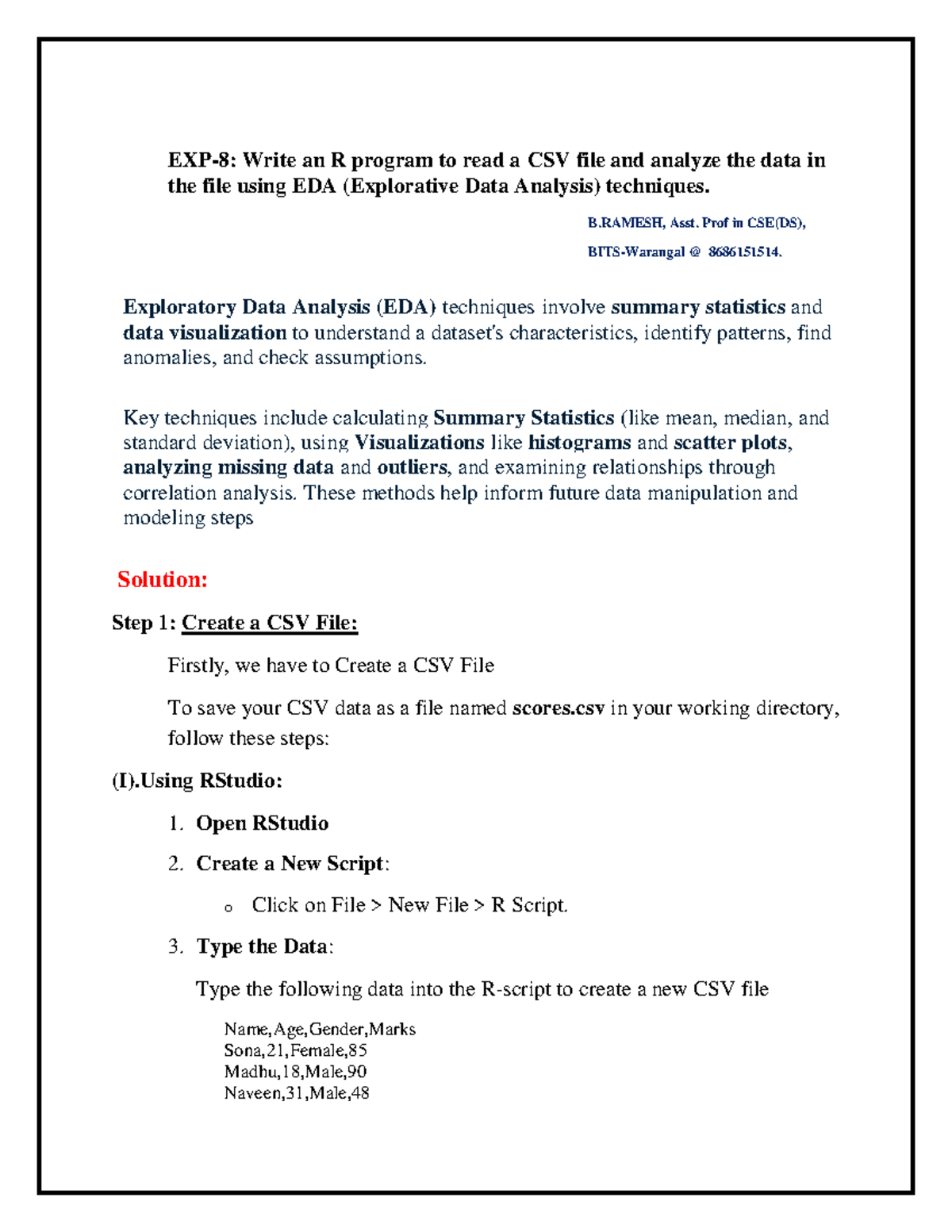 Exp8: R Program for EDA on CSV Data Analysis - Studocu