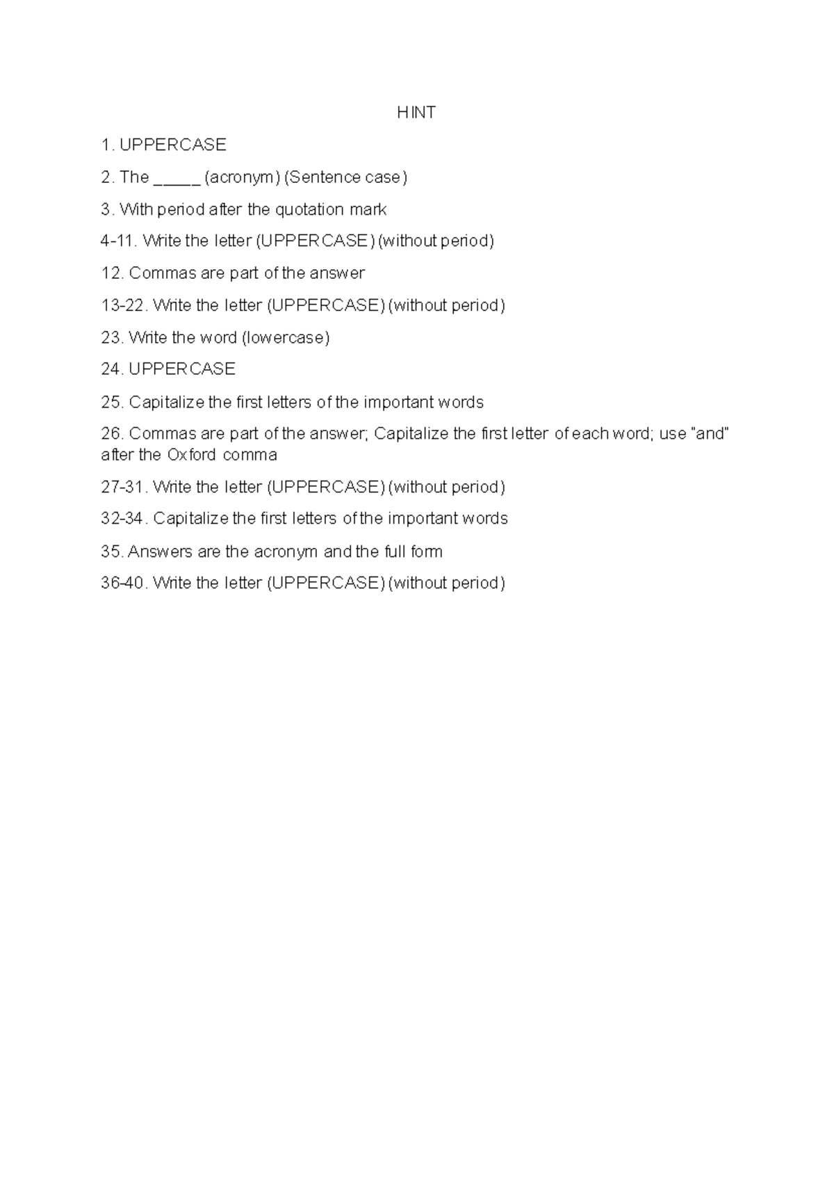 HINT - hint abpysch - HINT 1. UPPERCASE The _____ (acronym) (Sentence ...