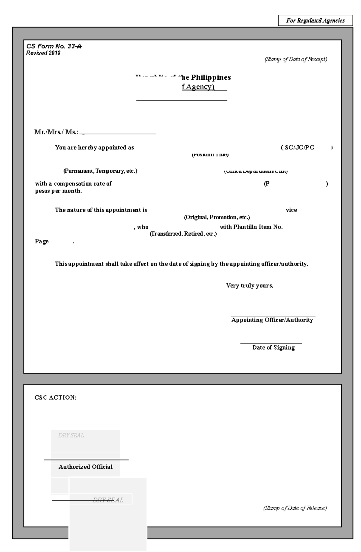 CS Form No. 33-A Revised 2018 Appointment Form - Regulated - CS Form No ...
