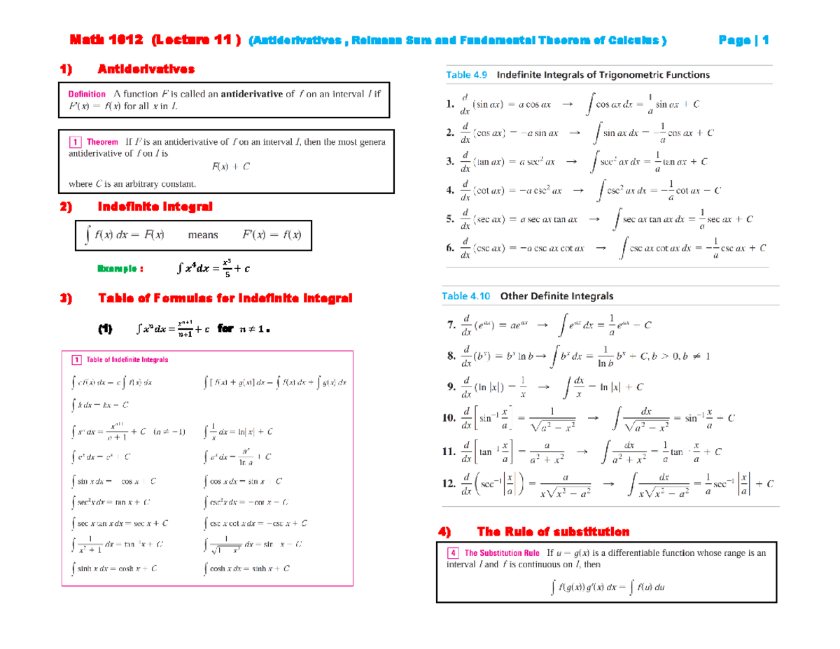 Math 1012 Lecture 11: Antiderivatives, Riemann Sums & FTC Overview ...