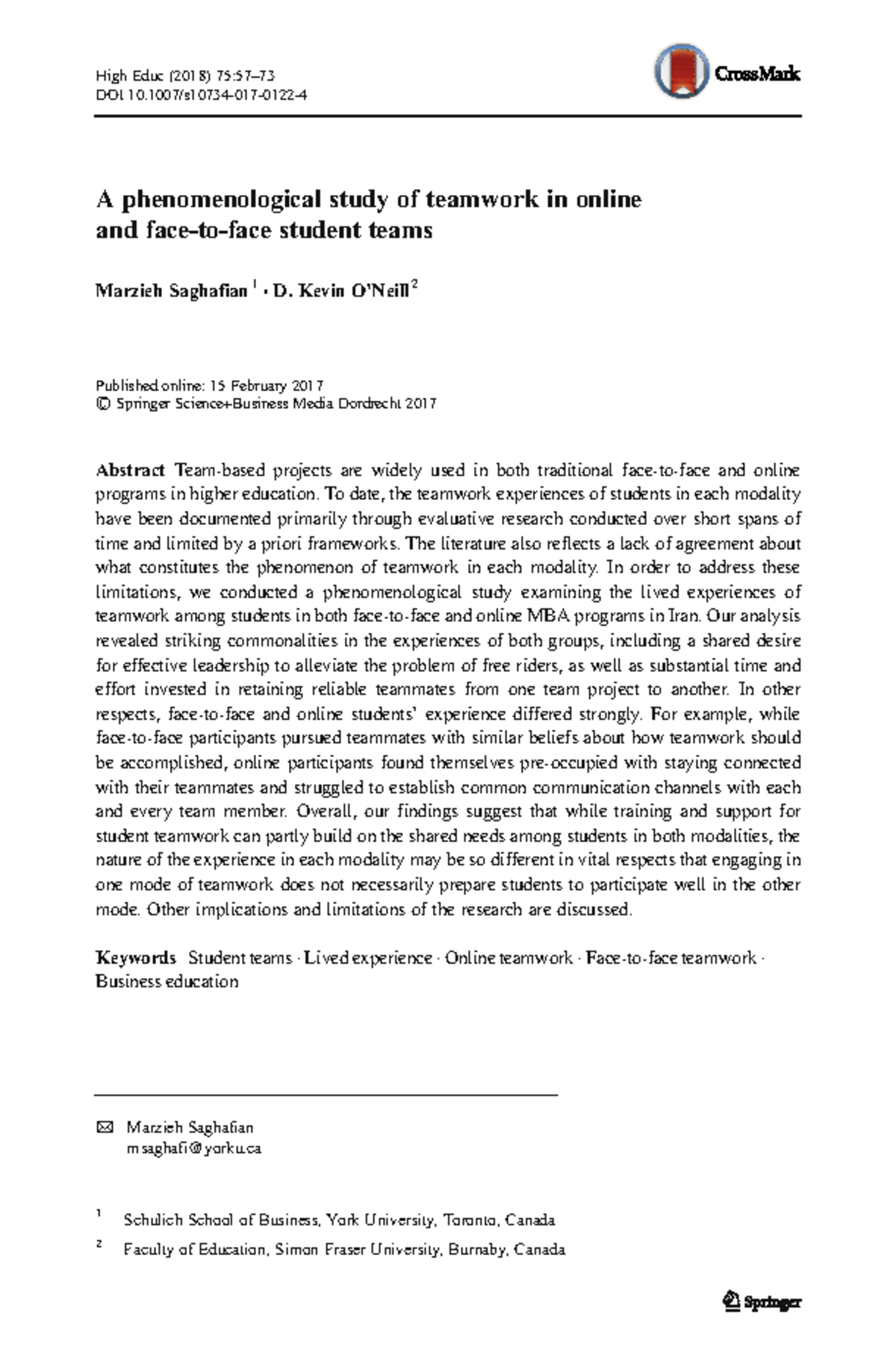 Phenomenological Study of Teamwork in Online MBA Programs - Studocu