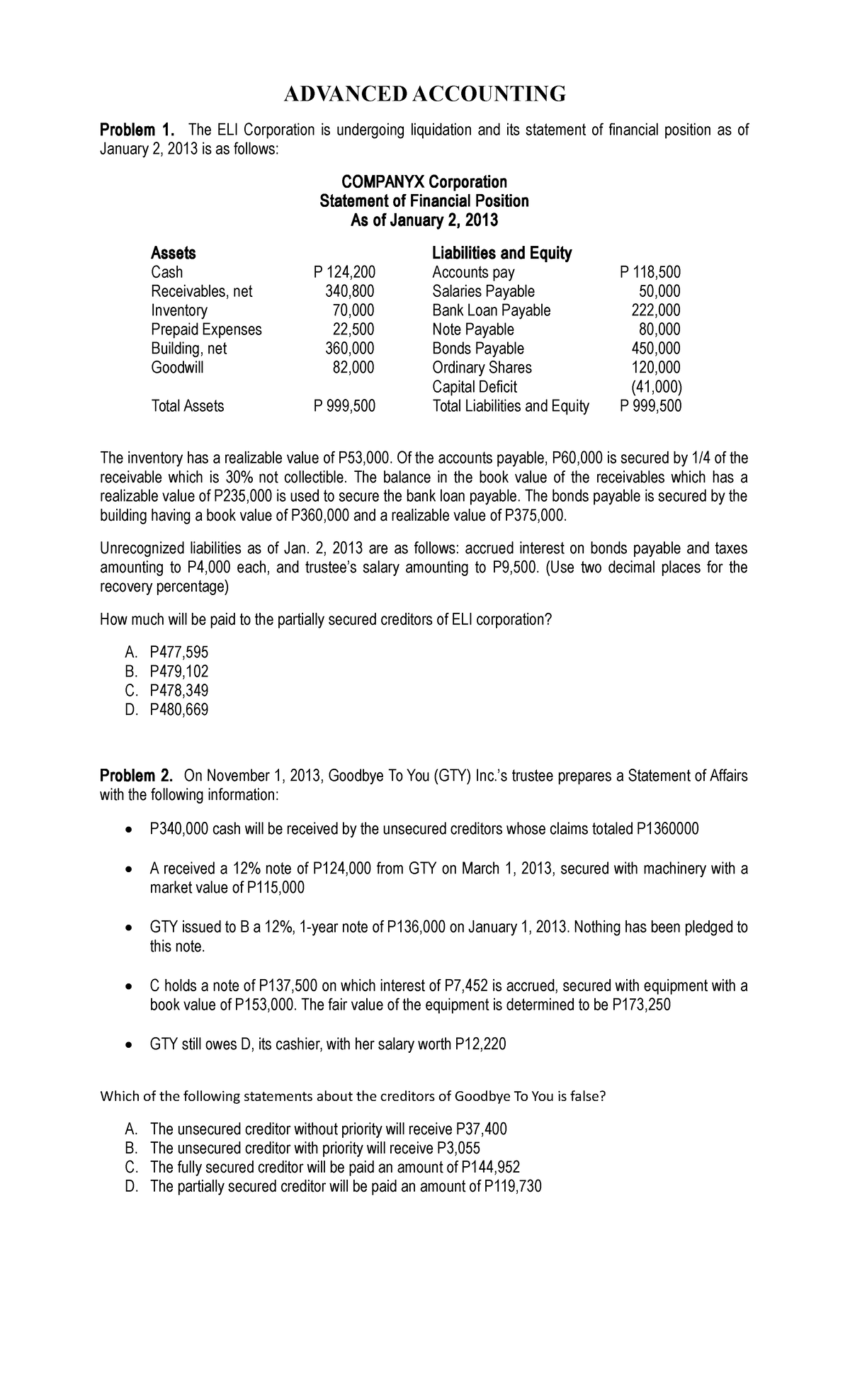 ADVANCED ACCOUNTING Practice Test: Liquidation & Financial Analysis ...