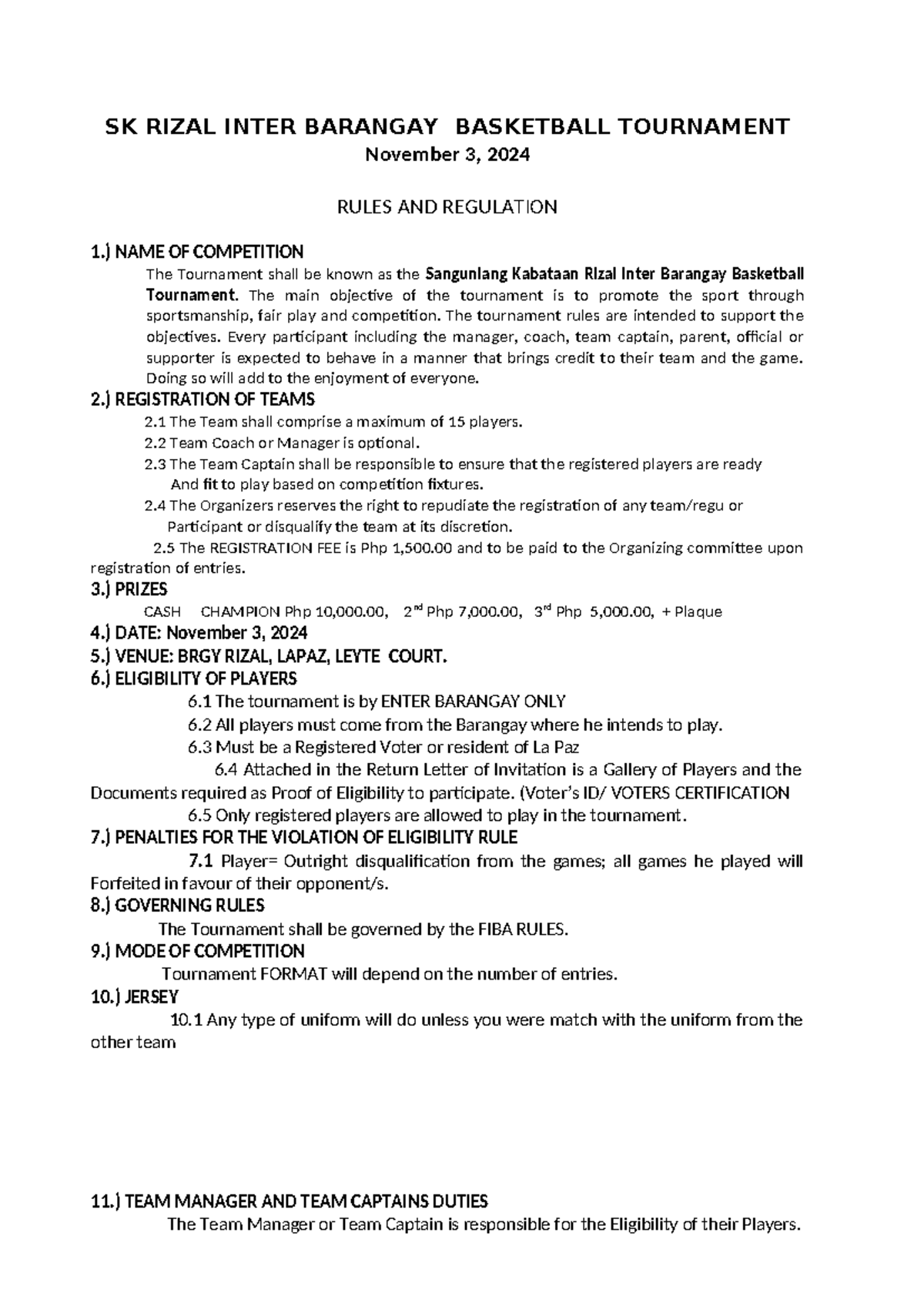 SK Rizal Inter Barangay Basketball Tournament Rules & Regulations - Studocu