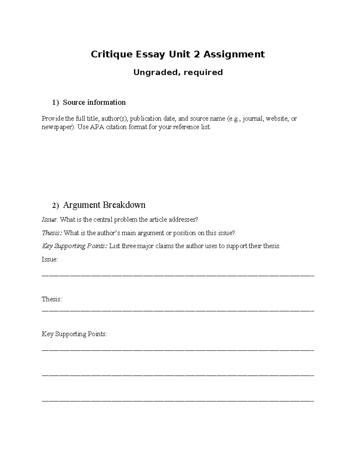 Unit 2 - Project 1 Critique Essay Guidelines - Studocu