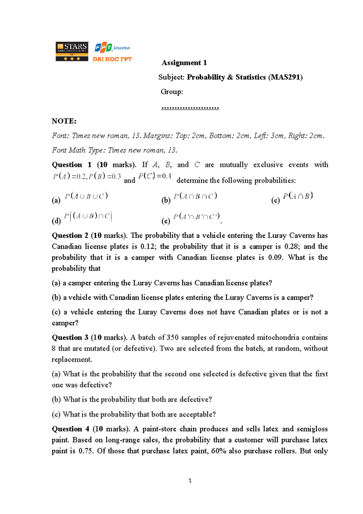 Assignment 1 MAS291 - Assignment 1 Subject: Probability & Statistics ...