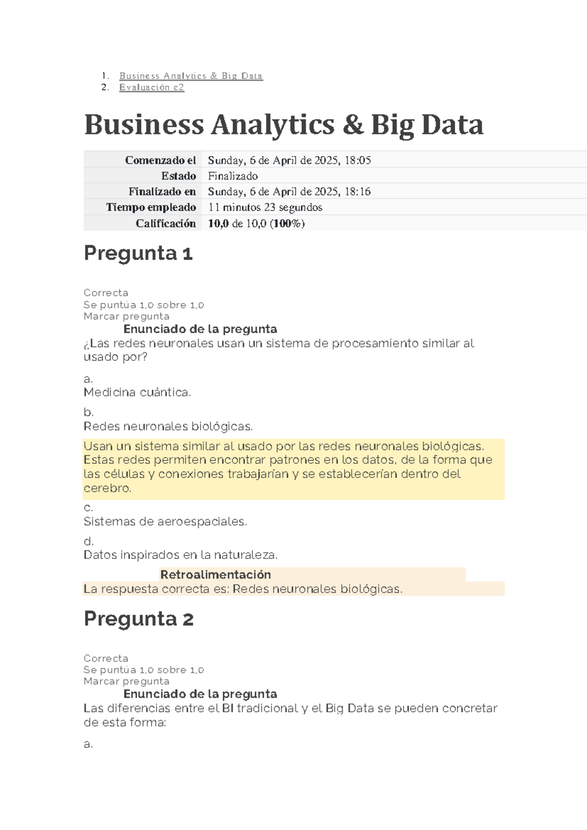 Evaluación C2: Business Analytics y Big Data - Respuestas y Retroalimentación - Studocu