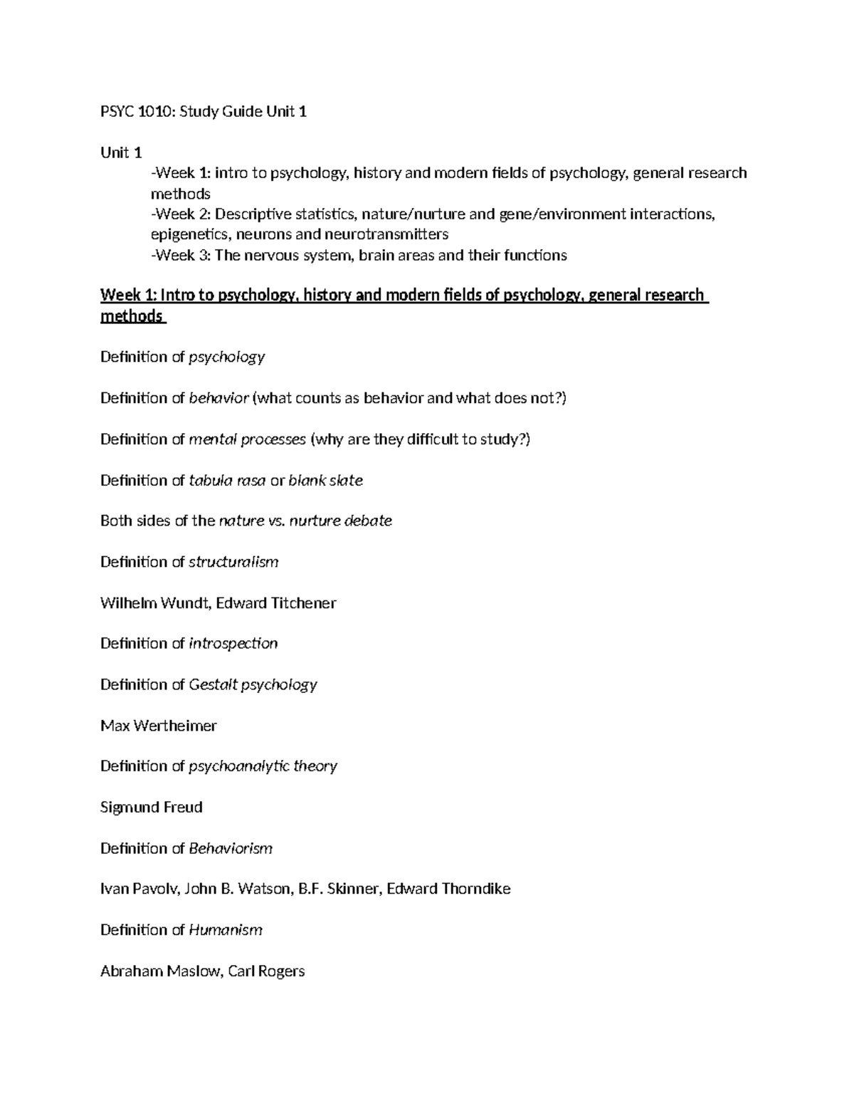 PSYC 1010: Comprehensive Study Guide for Units 1-3 in Psychology - Studocu