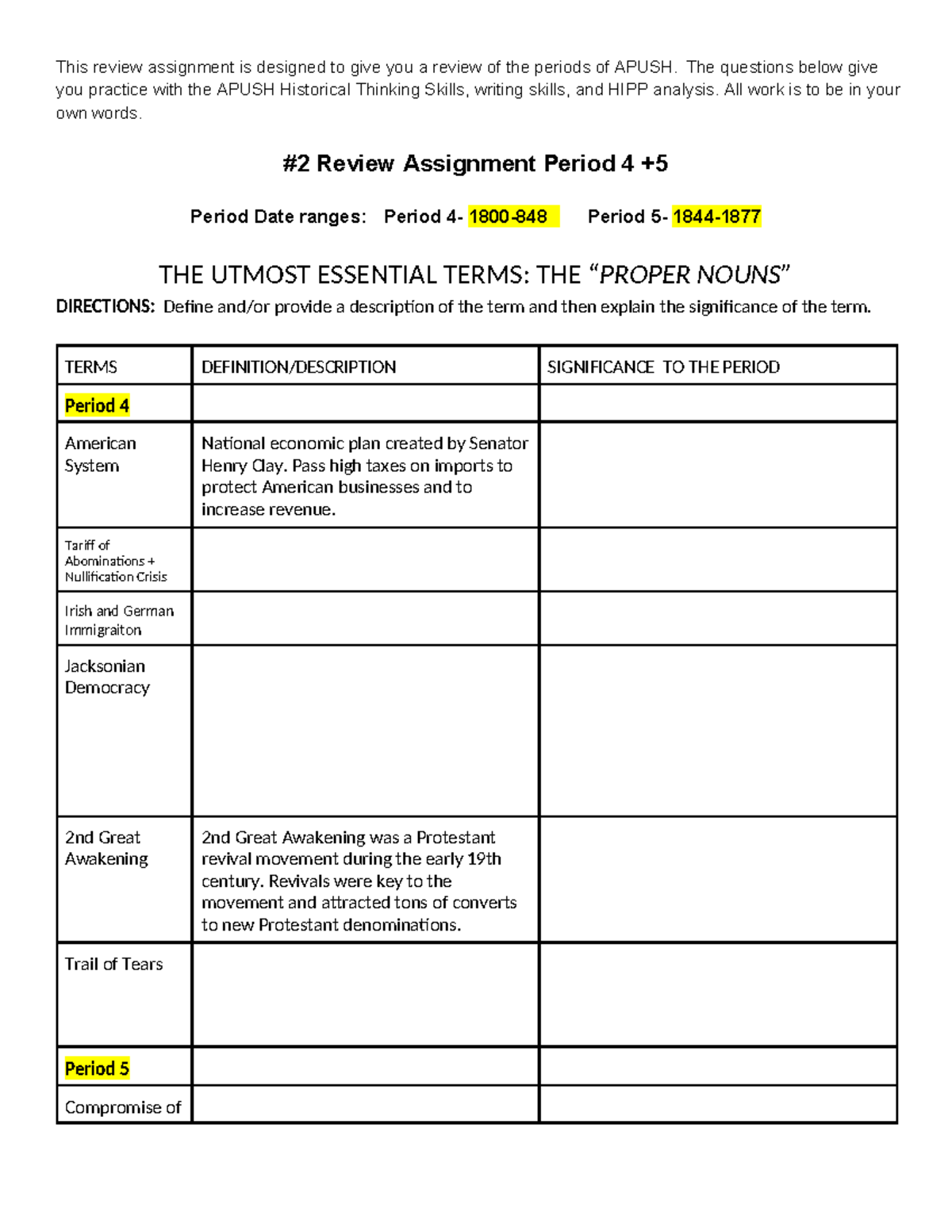 APUSH Review Assignment: Periods 4-5 Key Terms & Historical Skills ...