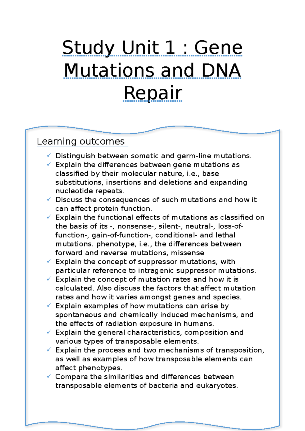 Study Unit 1: Gene Mutations, DNA Repair, and Transposable Elements ...