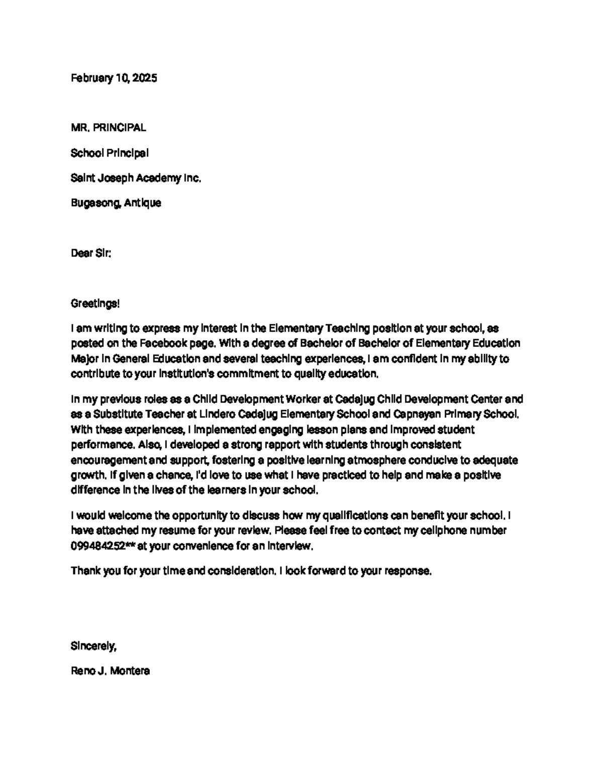 Elementary Teaching Application Letter - 2025 - Studocu