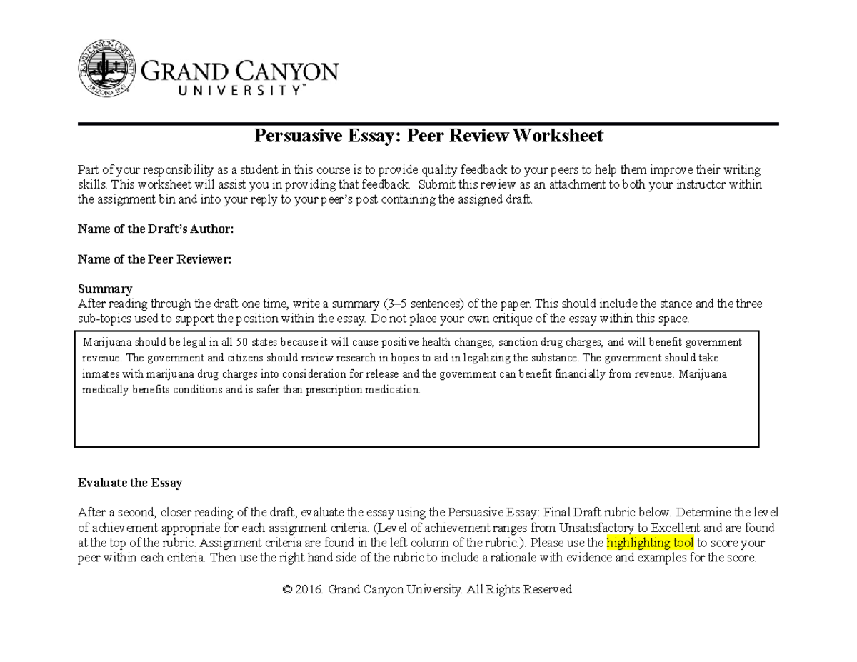 PHI-105 T-6 Peer Review Worksheet for Persuasive Essay Evaluation - Studocu
