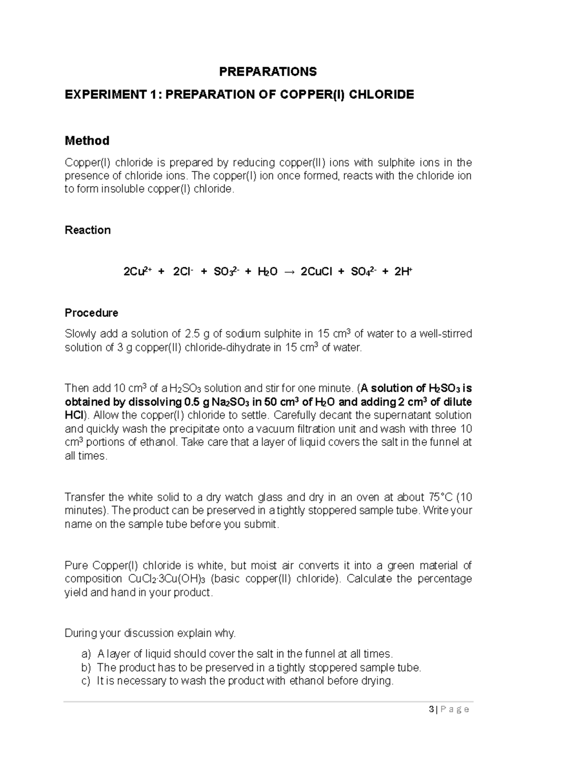 CHEM 240226: Experiment 1 - Preparation of Copper(I) Chloride - Studocu