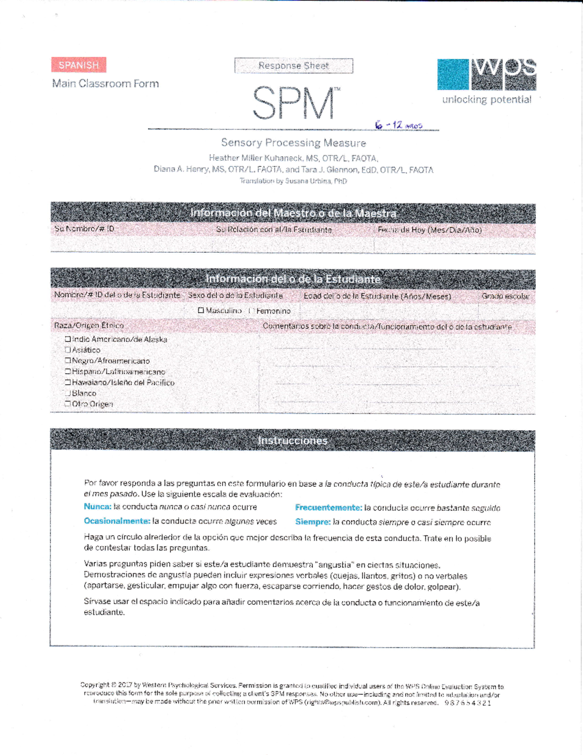 SPM Escolar 6-12 - Sensory Processing Measure Guide - Studocu