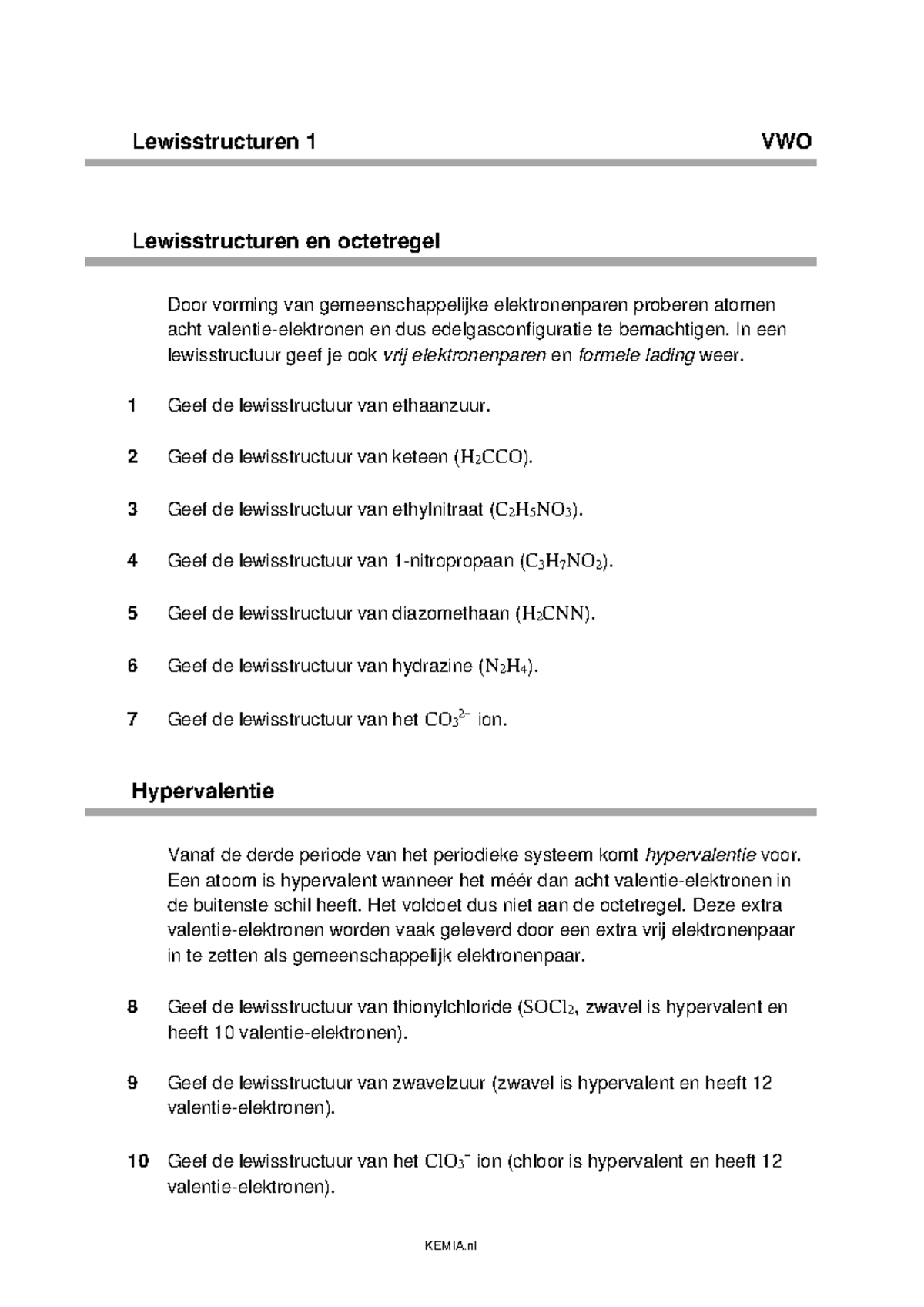 Lewisstructuren 1 KEMIA - VWO Opgaven en Hypervalentie - Studeersnel
