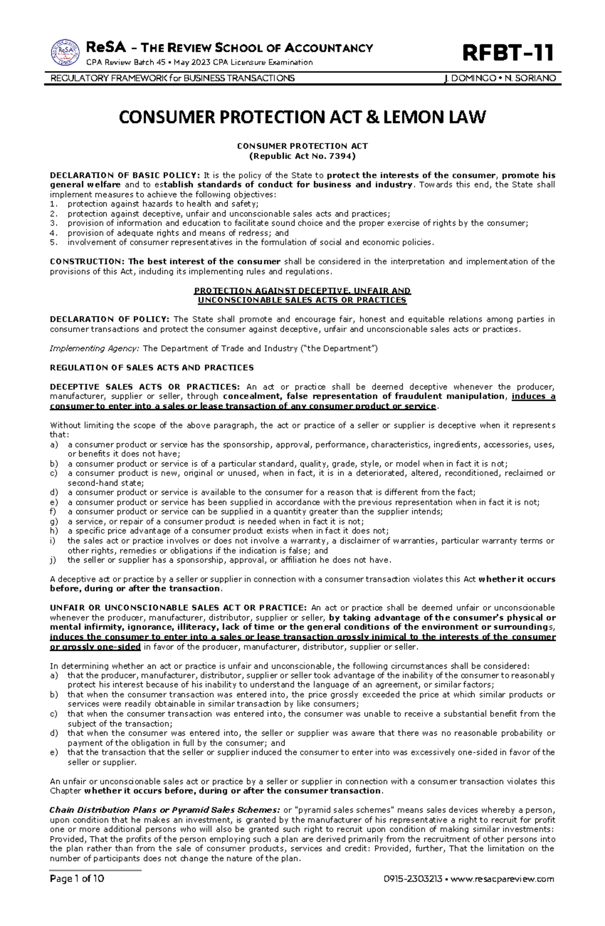 Consumer Protection Act & Lemon Law Overview - RFBT-11 - Studocu