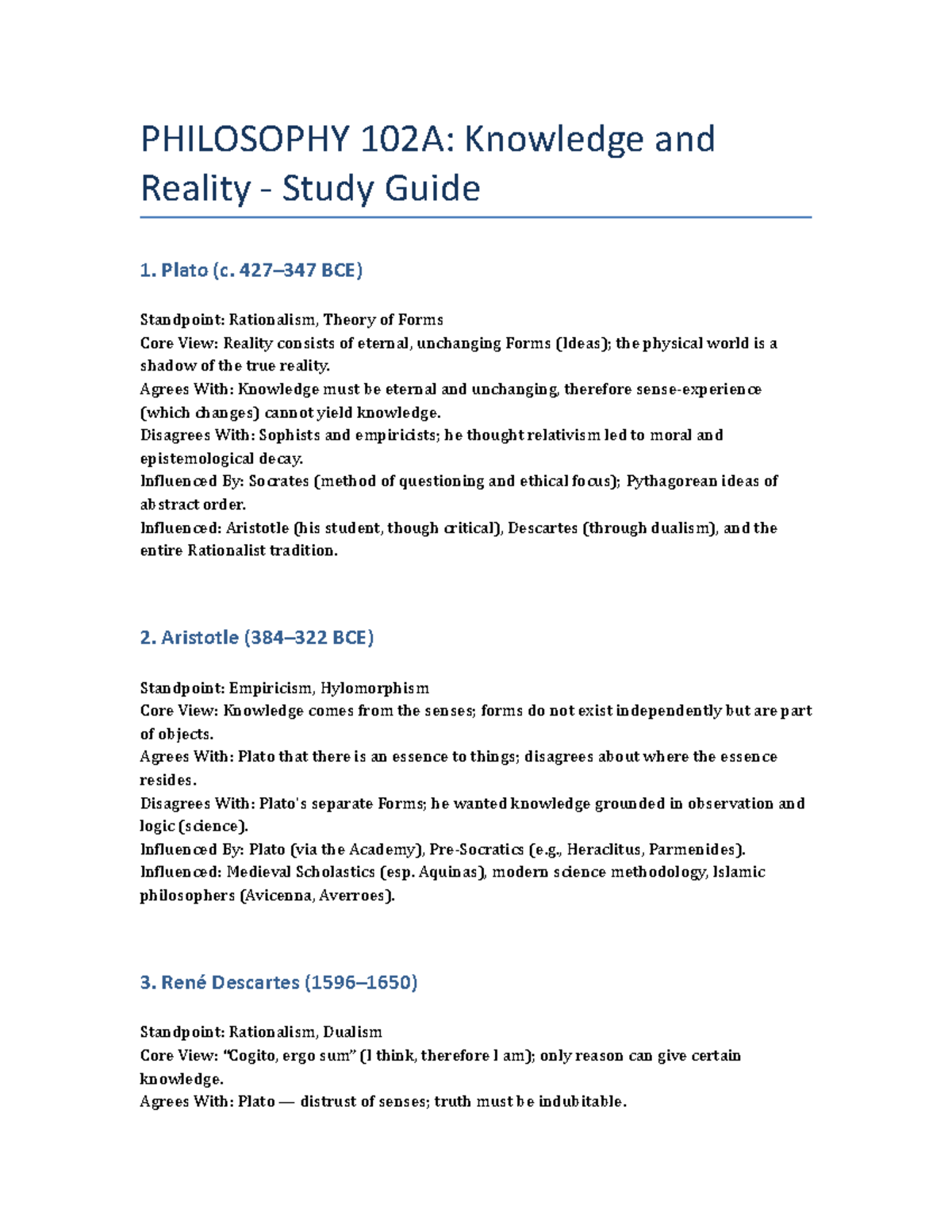 PHILOSOPHY 102A: Knowledge and Reality - Midterm Study Guide ...