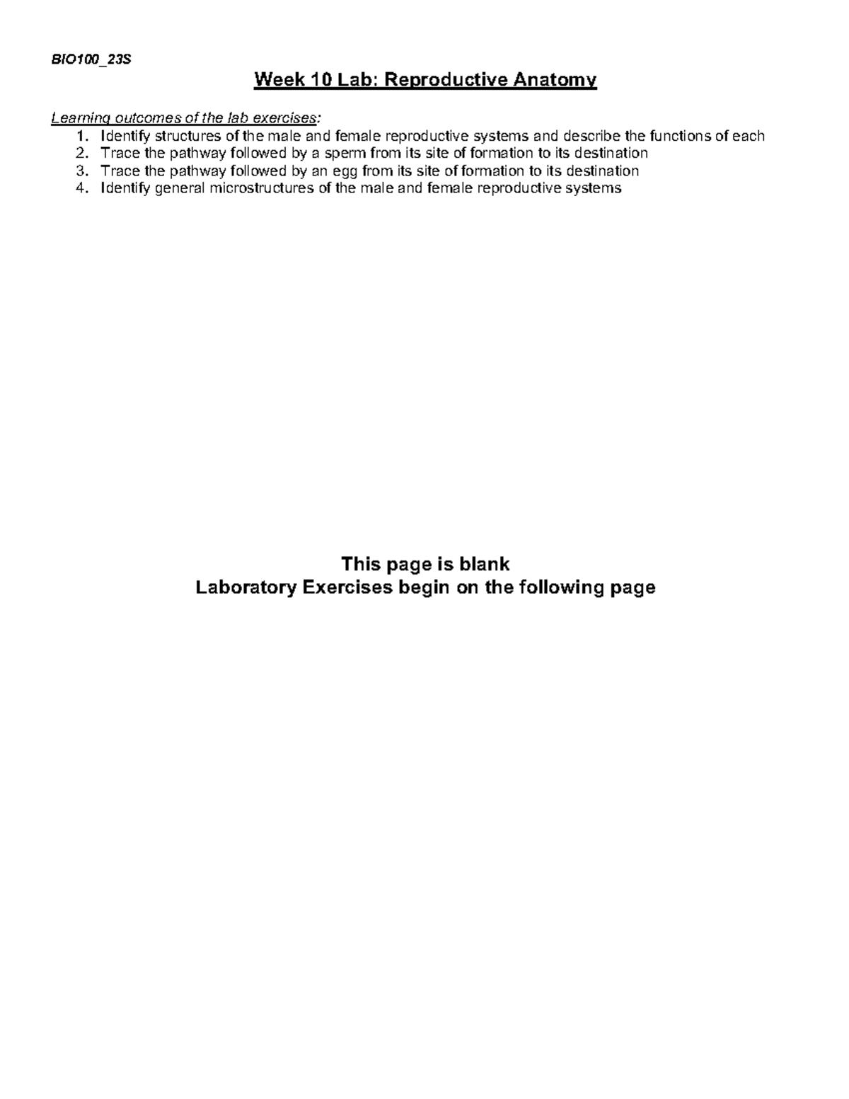 BIO100 W10 Reproductive Anatomy Lab Exercises and Activities - Studocu