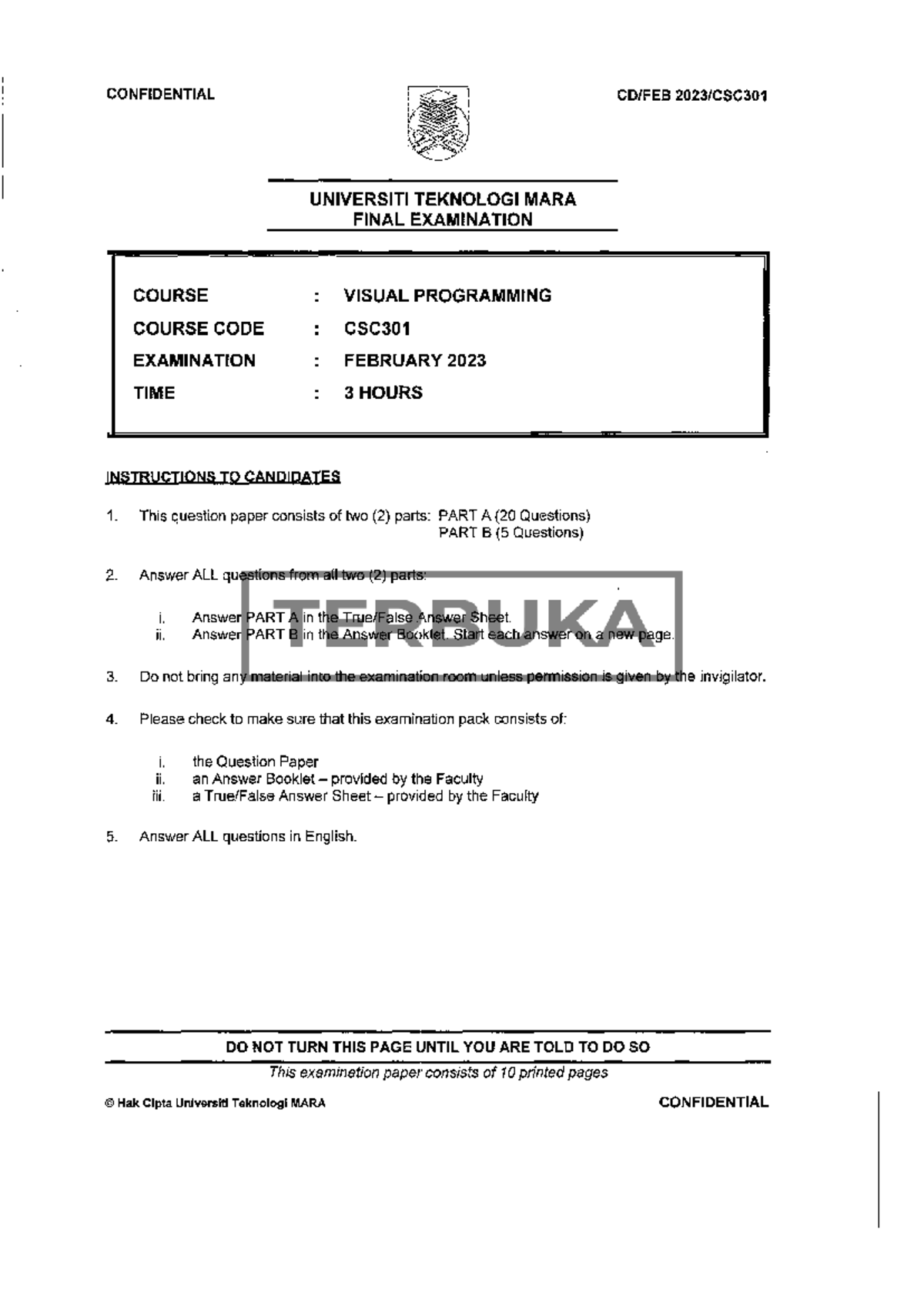 CSC301 Final Exam Paper - Visual Programming (February 2023) - Studocu