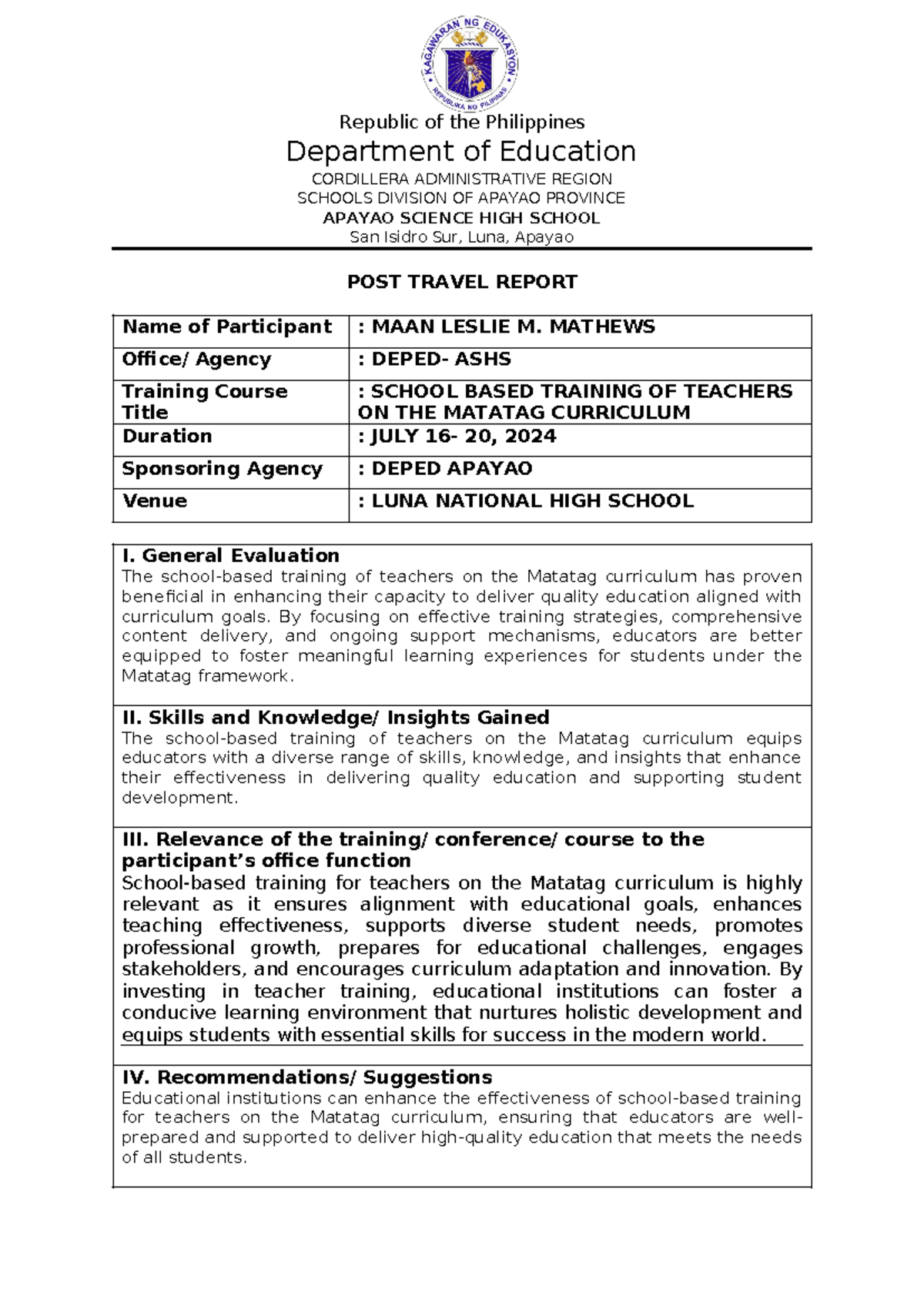 Post-Travel Report: School-Based Training on Matatag Curriculum - TEV ...