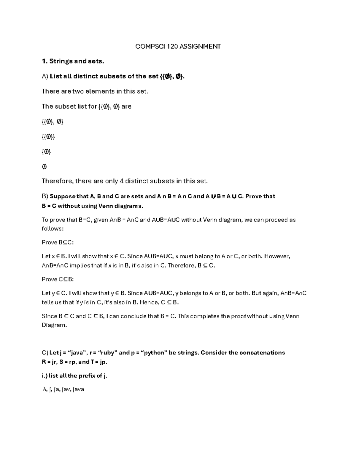COMPSCI 120 ASSIGNMENT 2: Strings, Sets, and Functions Analysis - Studocu