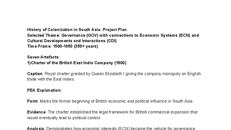 History of Colonization in South Asia: Project Plan (GOV, ECN, CDI ...