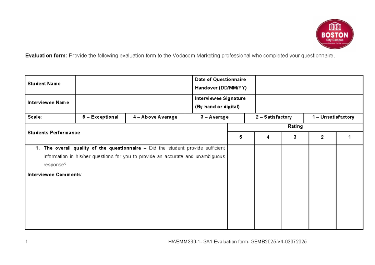 Hwbmm 330-1-SA1 Evaluation Form for Vodacom Marketing Questionnaire ...