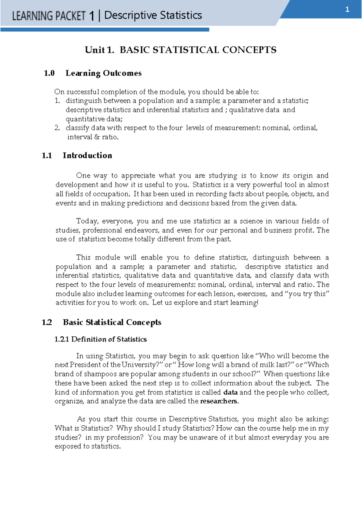 (LP1) UNIT 1 & 2 - Intro to Descriptive Statistics (STAT 1) - Studocu