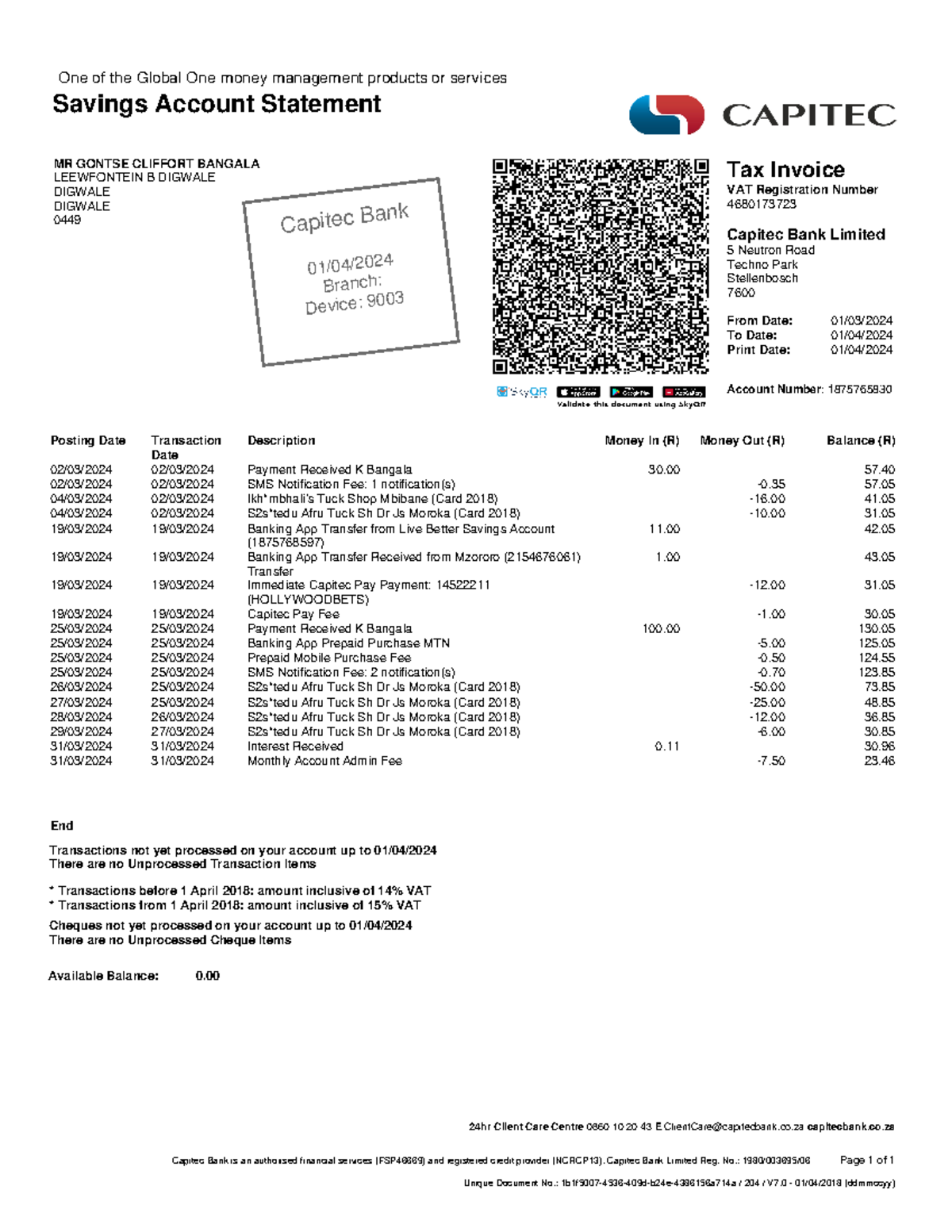 Savings Account Statement - Capitec Bank 01/03 to 01/04/2024 - Studocu