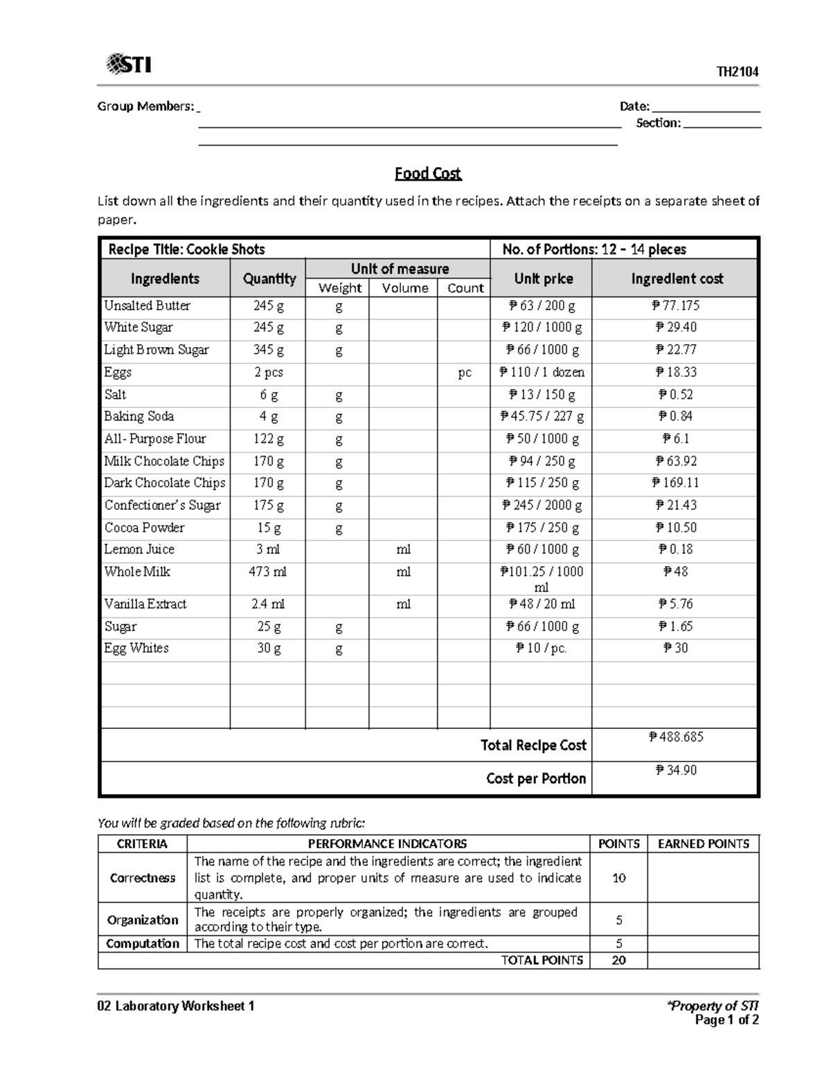 02 Lab Worksheet: Cookie Shots Recipe & Cost Analysis - Studocu