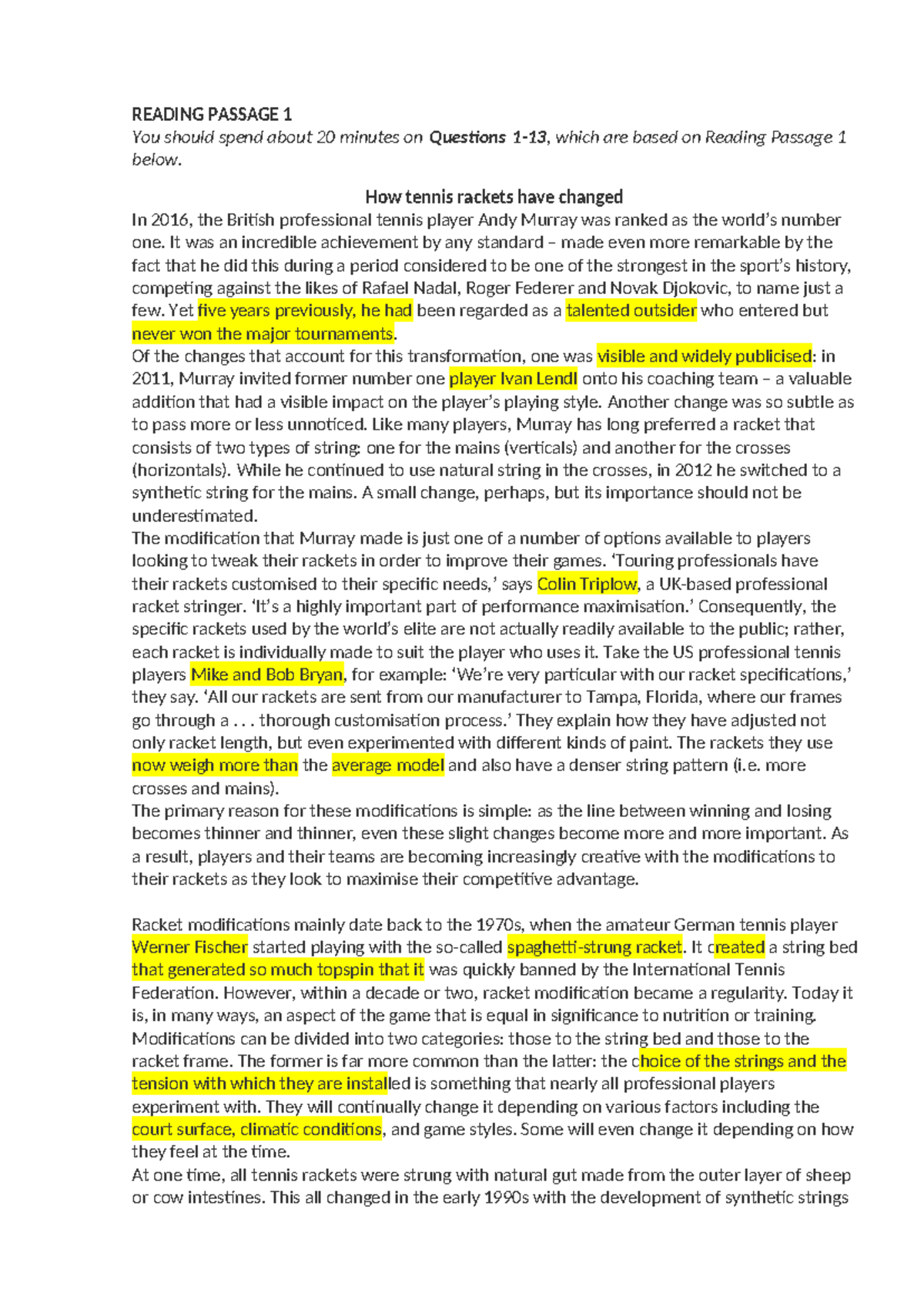 Reading Passage 1: The Evolution of Tennis Racket Technology - Studocu