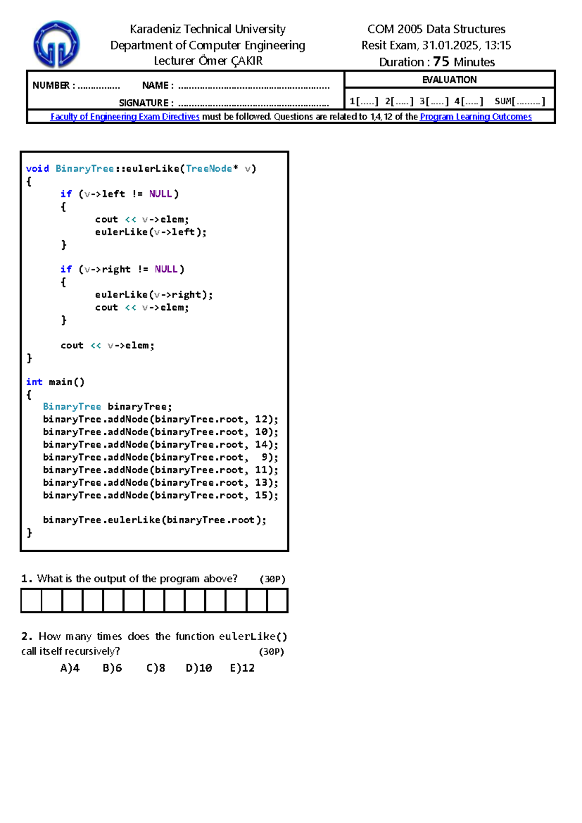 COM 2005 Data Structures Resit Exam Questions 2024-25 - Studocu