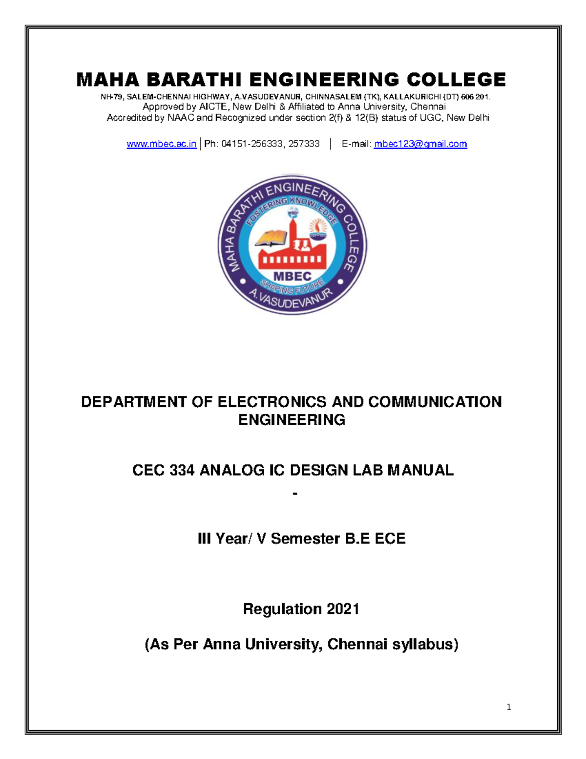CEC 334 Analog IC Design Lab Manual: Experiments and Procedures - Studocu