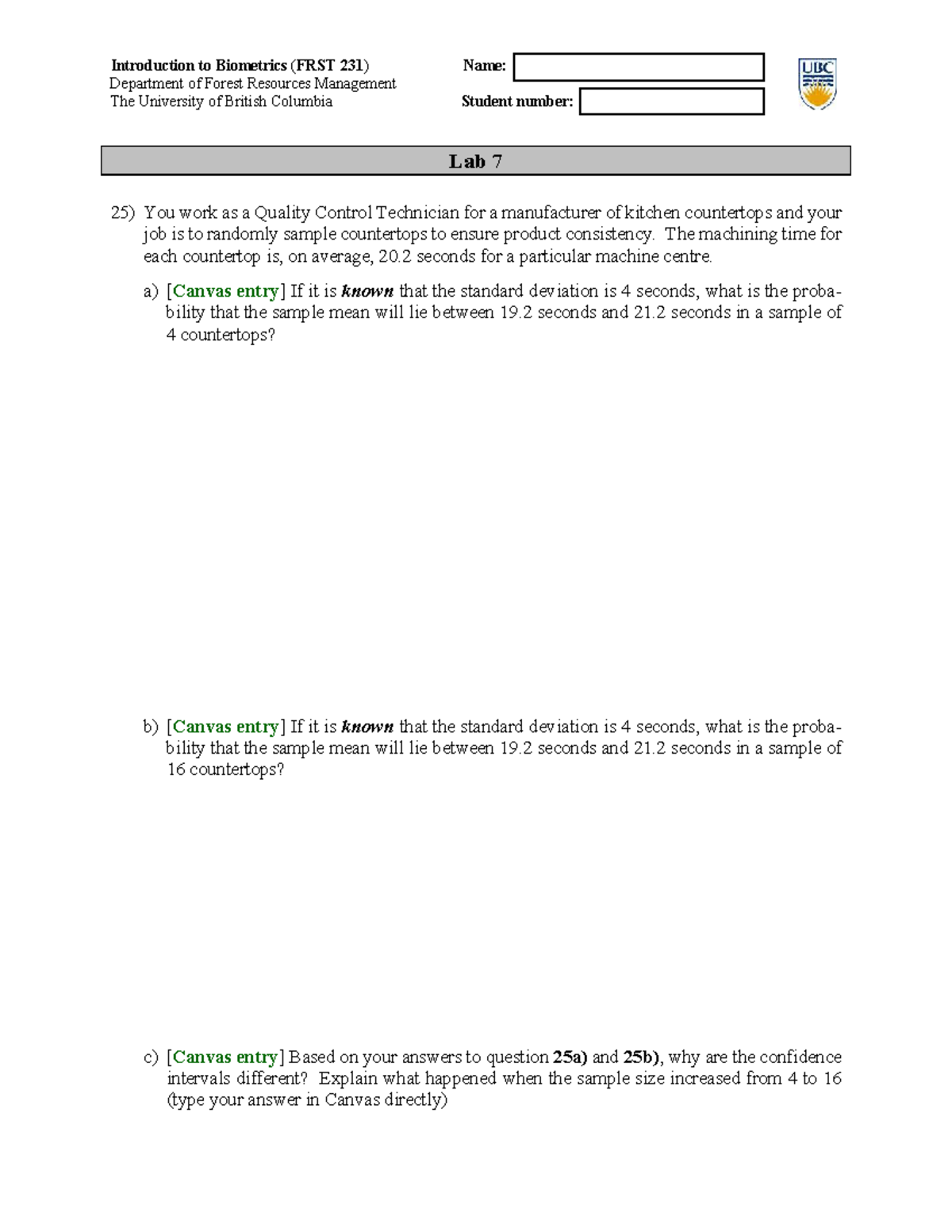 Lab 7: Probability Analysis in Biometrics (FRST 231) - Studocu