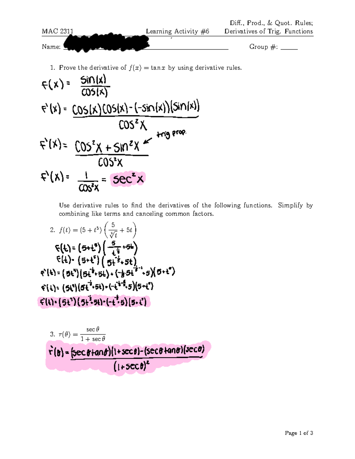 MAC 2311 Learning Activity 6: Derivatives & Trig Functions Analysis - Studocu