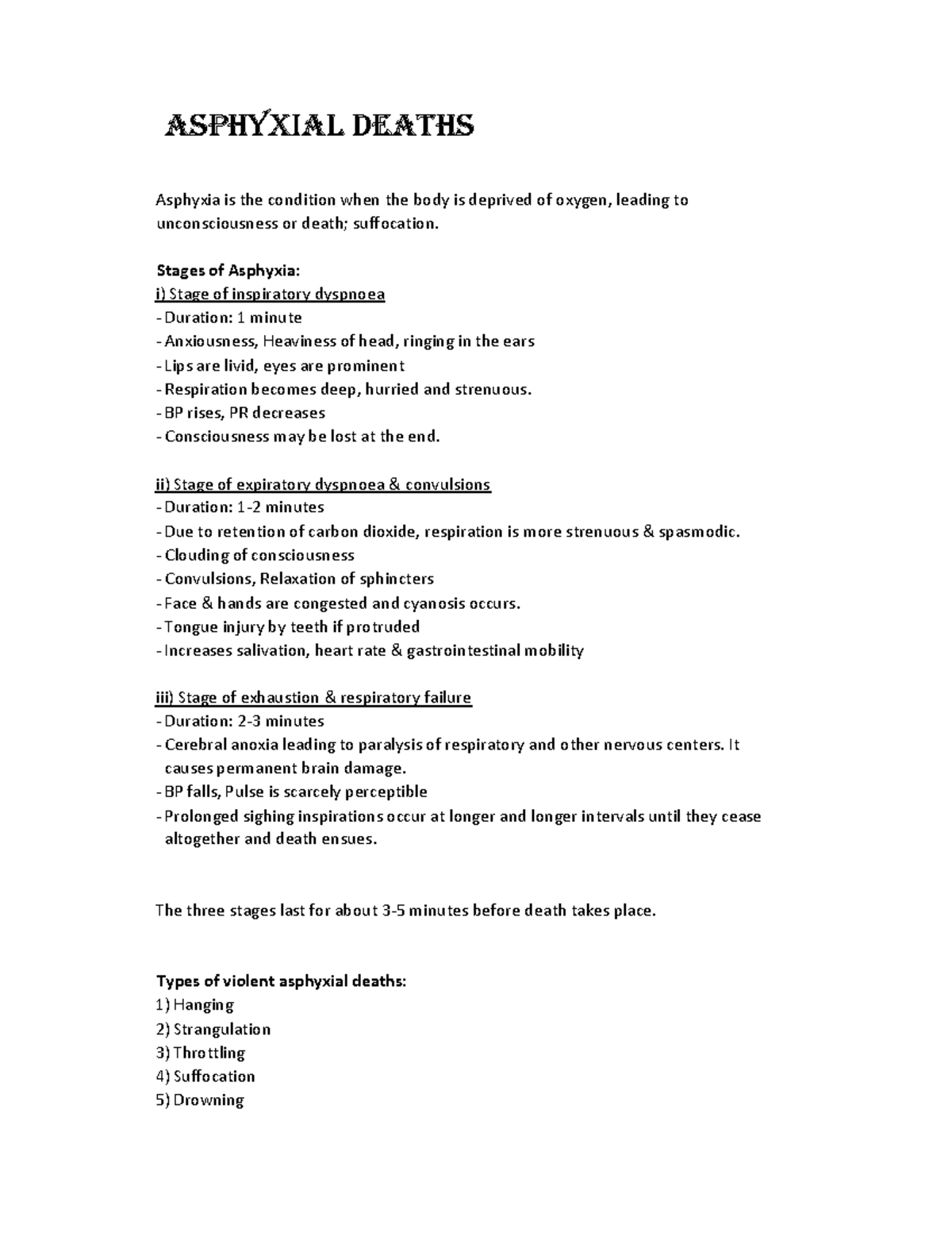 Asphyxial Deaths: Types, Stages, and Medico-Legal Aspects - Studocu