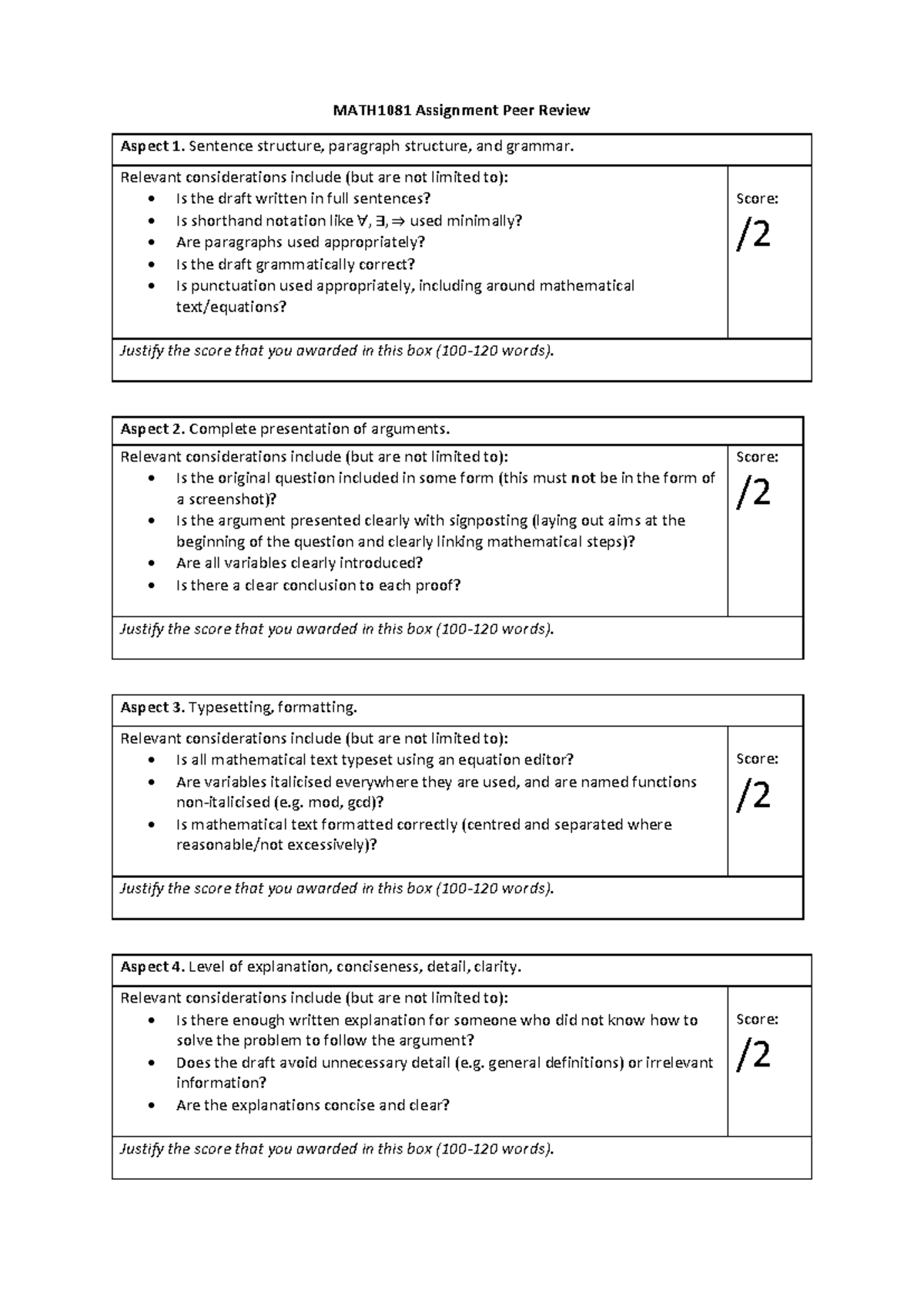 MATH1081 Assignment Peer Review Template: Structure & Clarity - Studocu