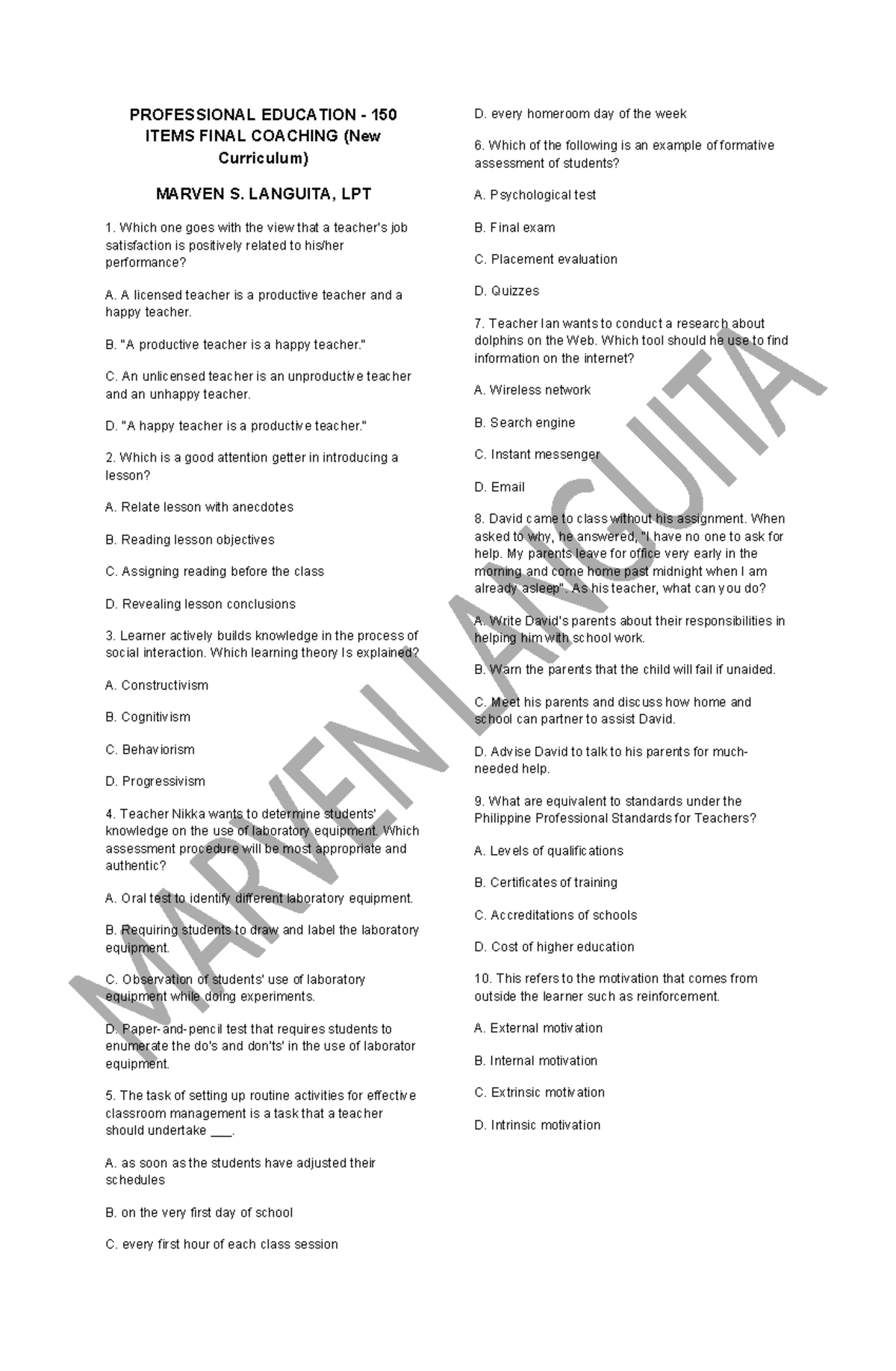 PROF-ED-2023FC Final Exam Coaching Notes on Professional Education ...