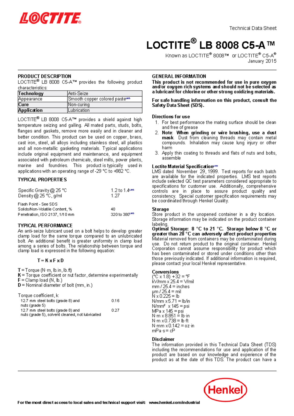 Technical Data Sheet: Loctite LB 8008 Product Characteristics & Usage ...