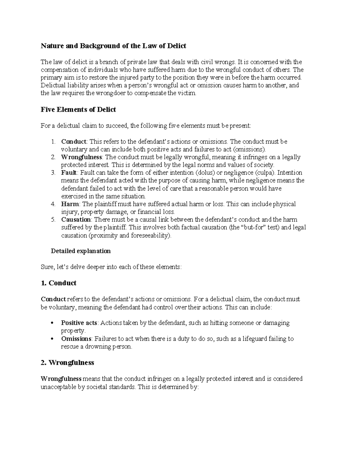 Law of Delict: Nature, Elements, and Application in Case Analysis - Studocu