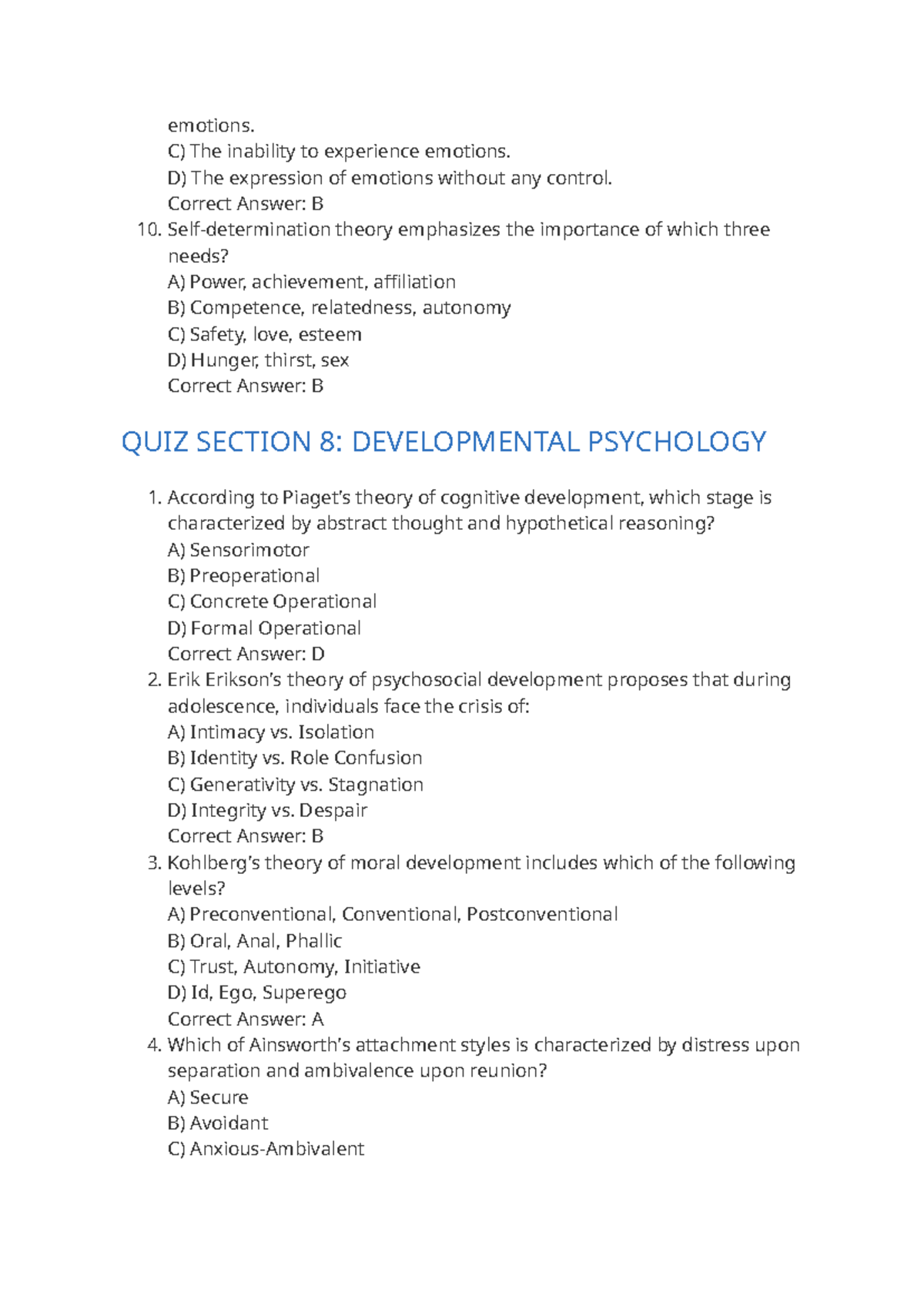 Psychology Quiz-5: Developmental Psychology Insights - Studocu