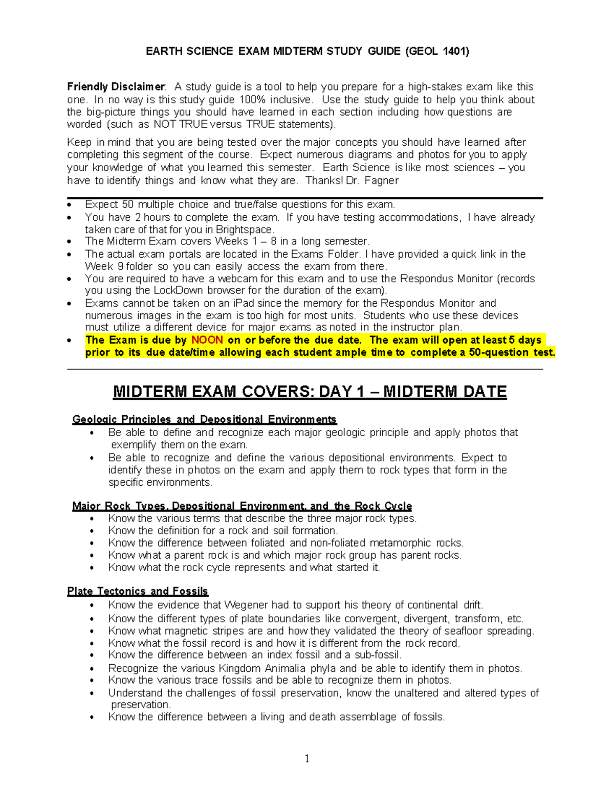 GEOL 1401 Midterm Exam Study Guide - Studocu