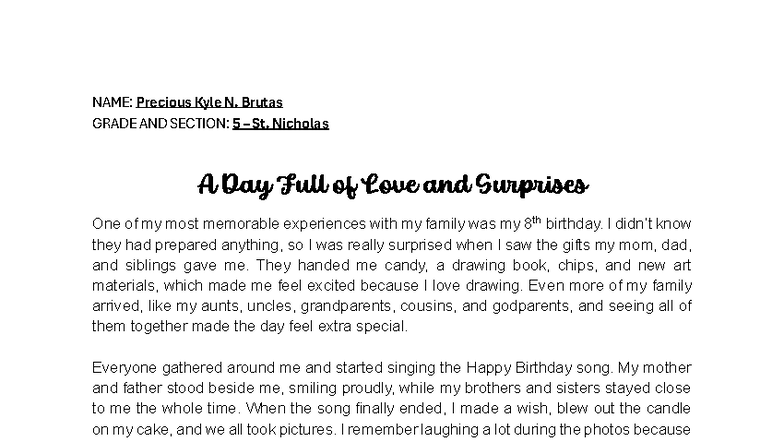 English 5 St. Nicholas: A Memorable Birthday Celebration Essay - Studocu