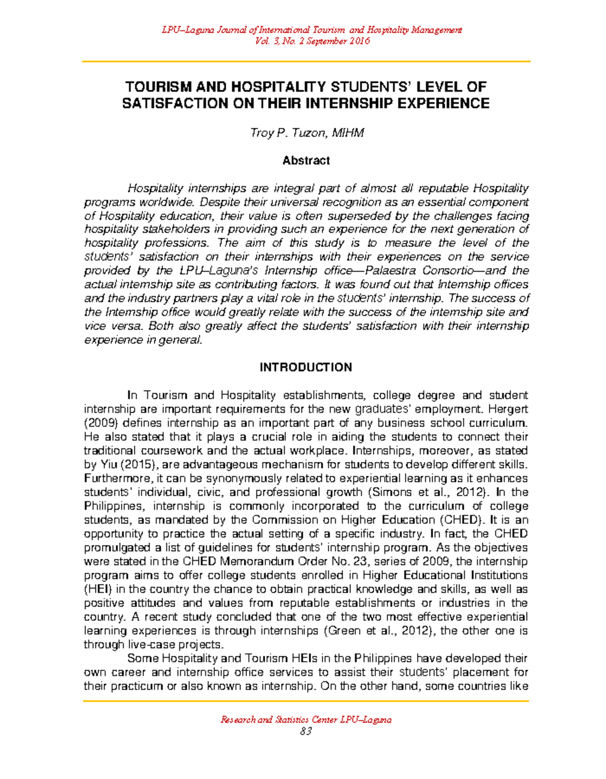 CITHM 2023: Student Satisfaction Survey on Internship Experience - Studocu